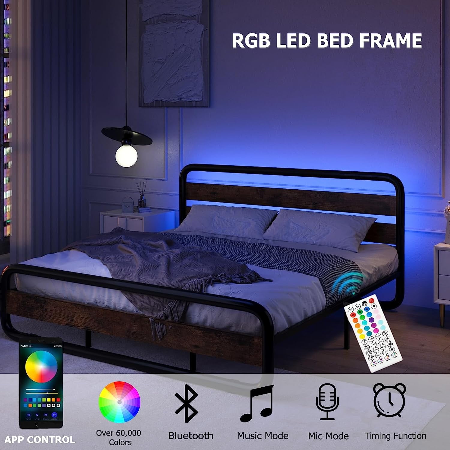 LED King Size Bed Frame with Wood Headboard, Metal, Under-Bed Storage ...