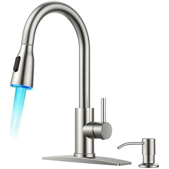 LED Kitchen Faucet with Soap Dispenser and Pull Down Sprayer, Brushed ...