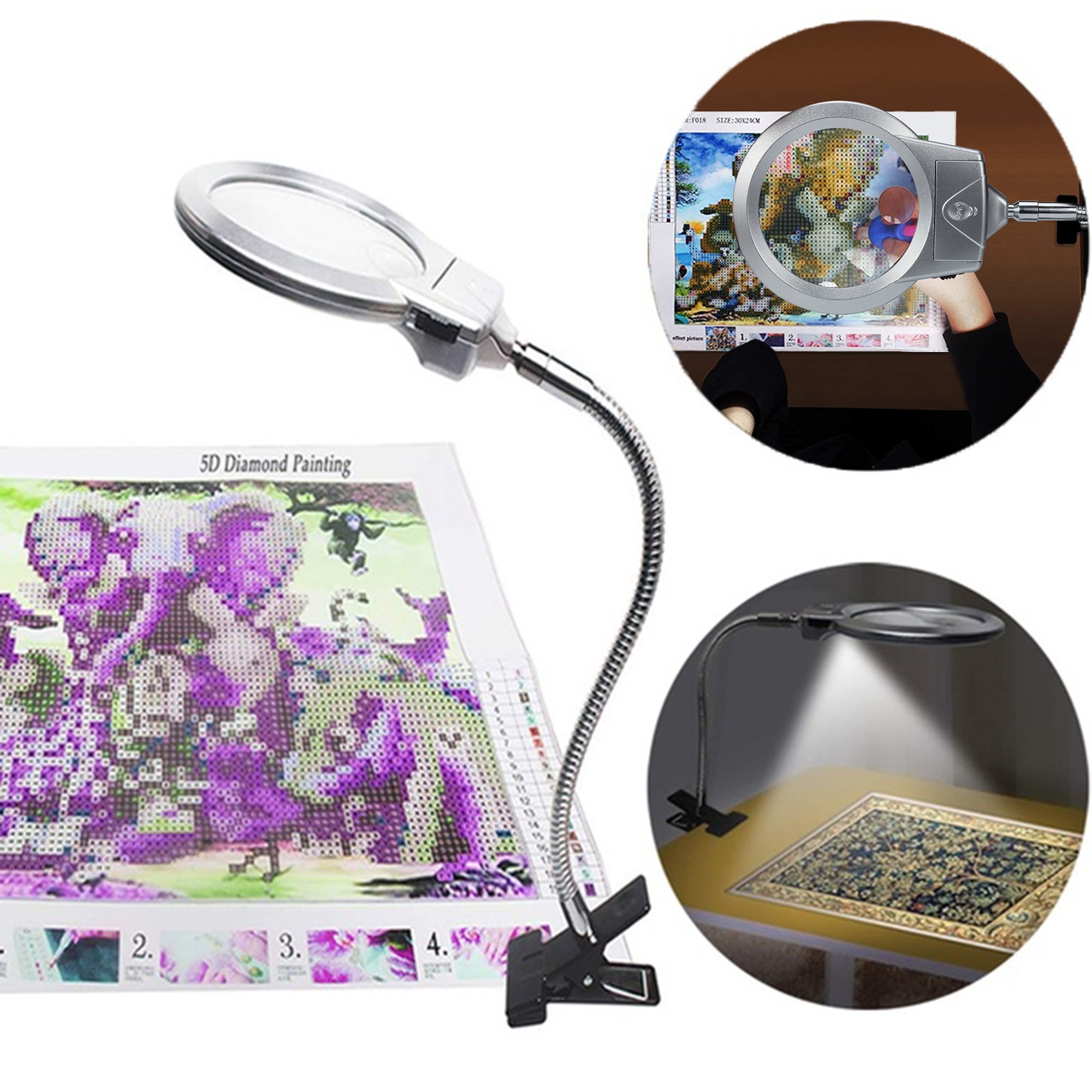 LED Lamp Lighted Magnifier Clip-on Table Top Desk Magnifying Glass with ...