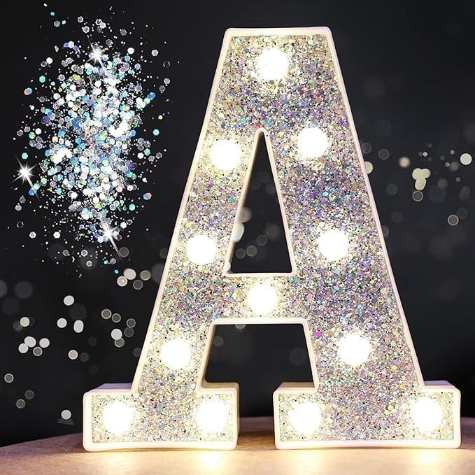 LED Letter Lights,Silver Glitter Alphabet Signs, Battery Powered Light ...