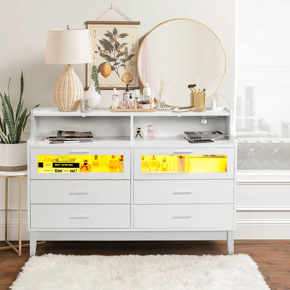 LED Light 6 Drawer Dresser Chest with Power Outlet&Clear Glass Drawer ...