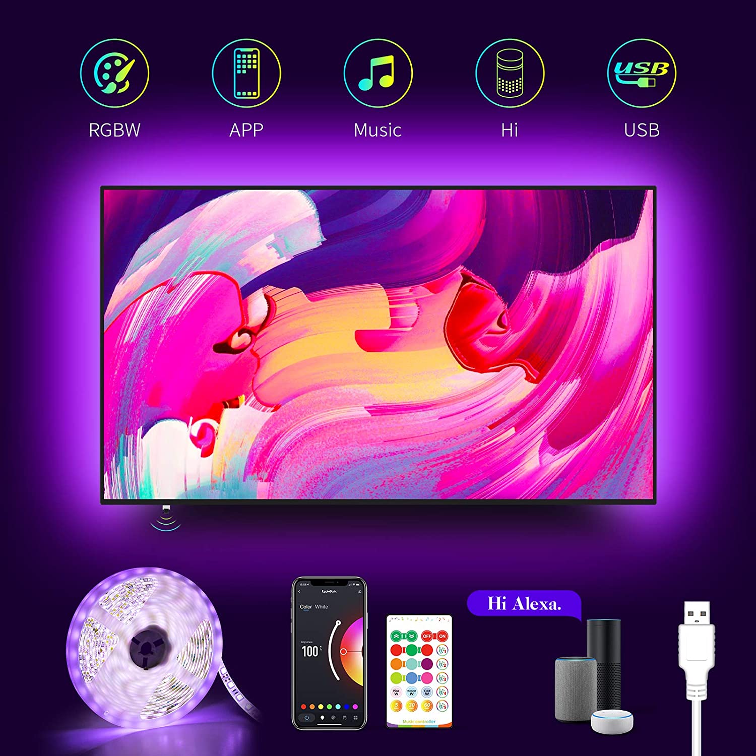 Walmart LED Light for 85 Inch TV, WiFi, Music Sync, RGBW 6500K, Alexa ...