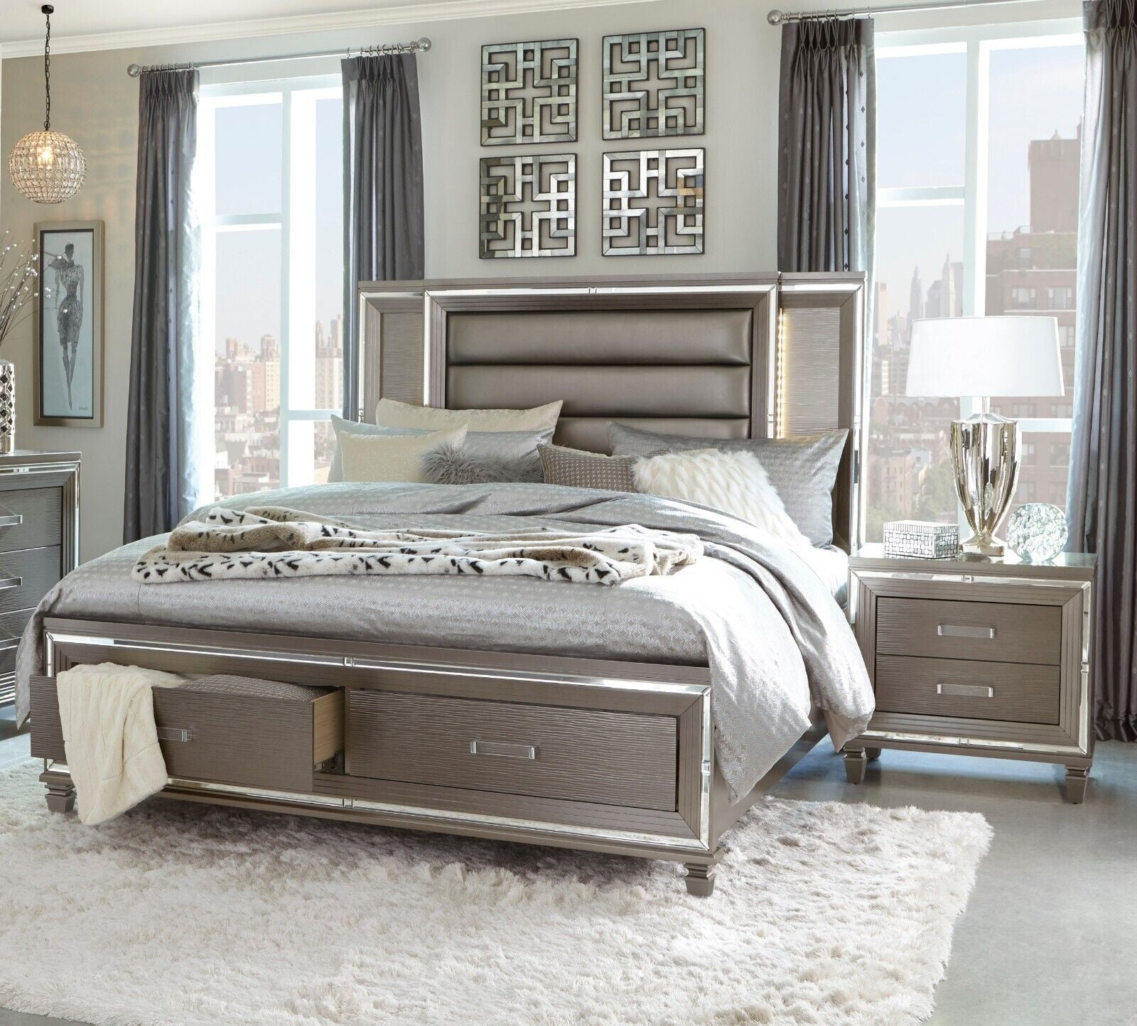 LED Light Bed and Nightstands Set 3pc Bedroom King Platform Bed w ...