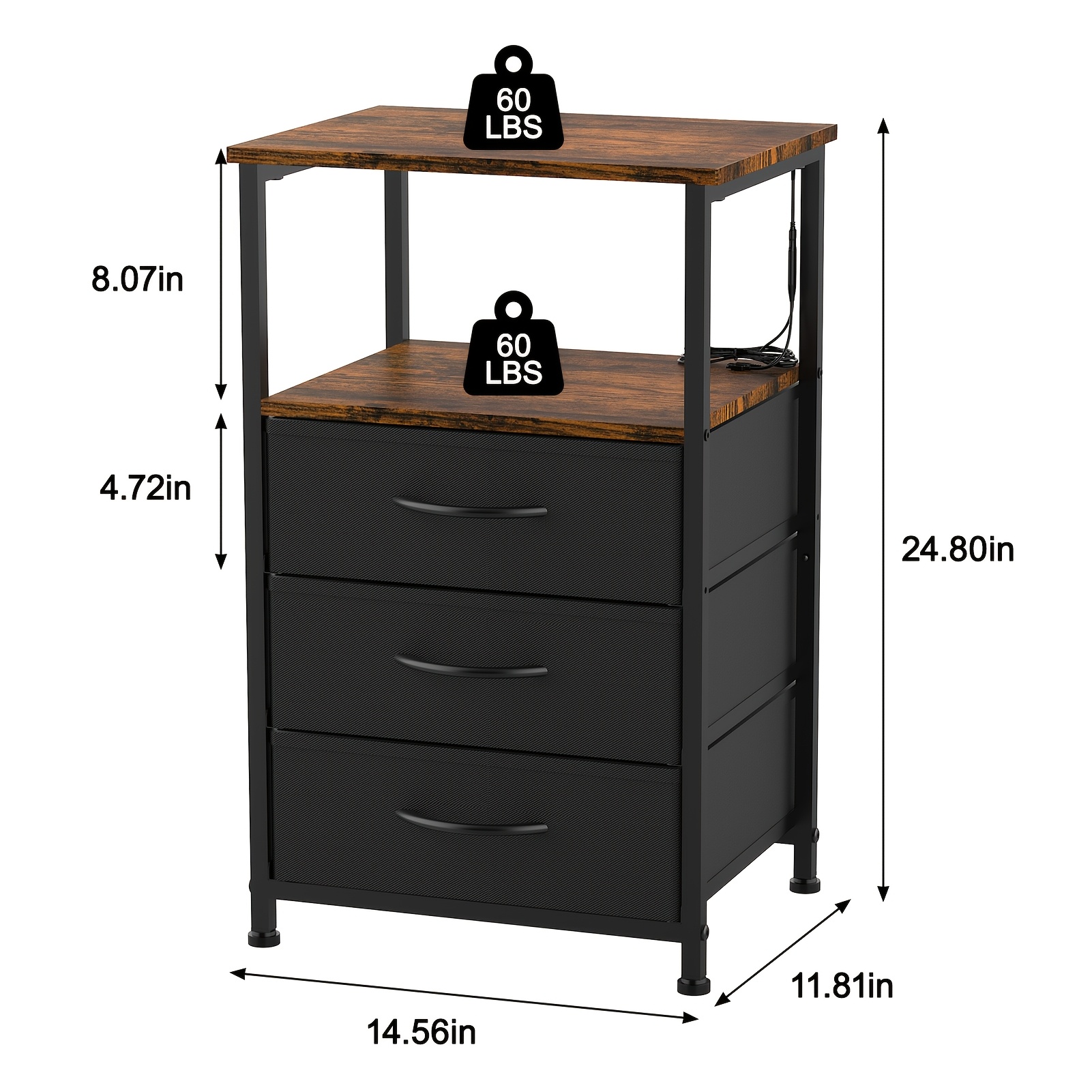 LED Light Bedside Table - Small Night Stand with 3 Fabric Drawers ...