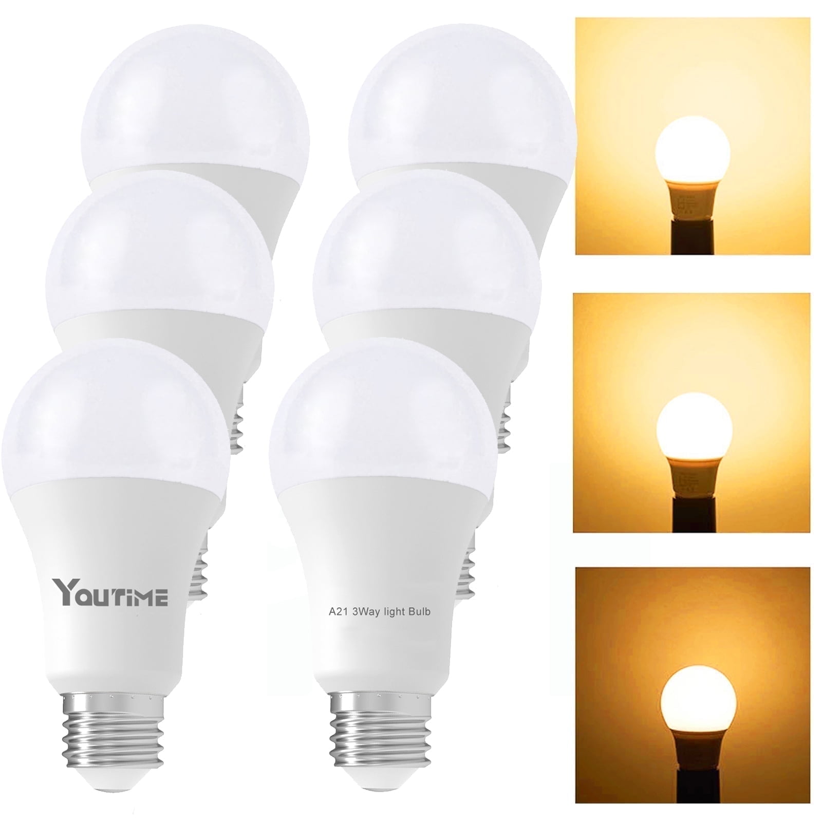 Youtime 3-Way LED Bulbs, 50/100/150W Equivalent, A21 E26 Base, Warm ...