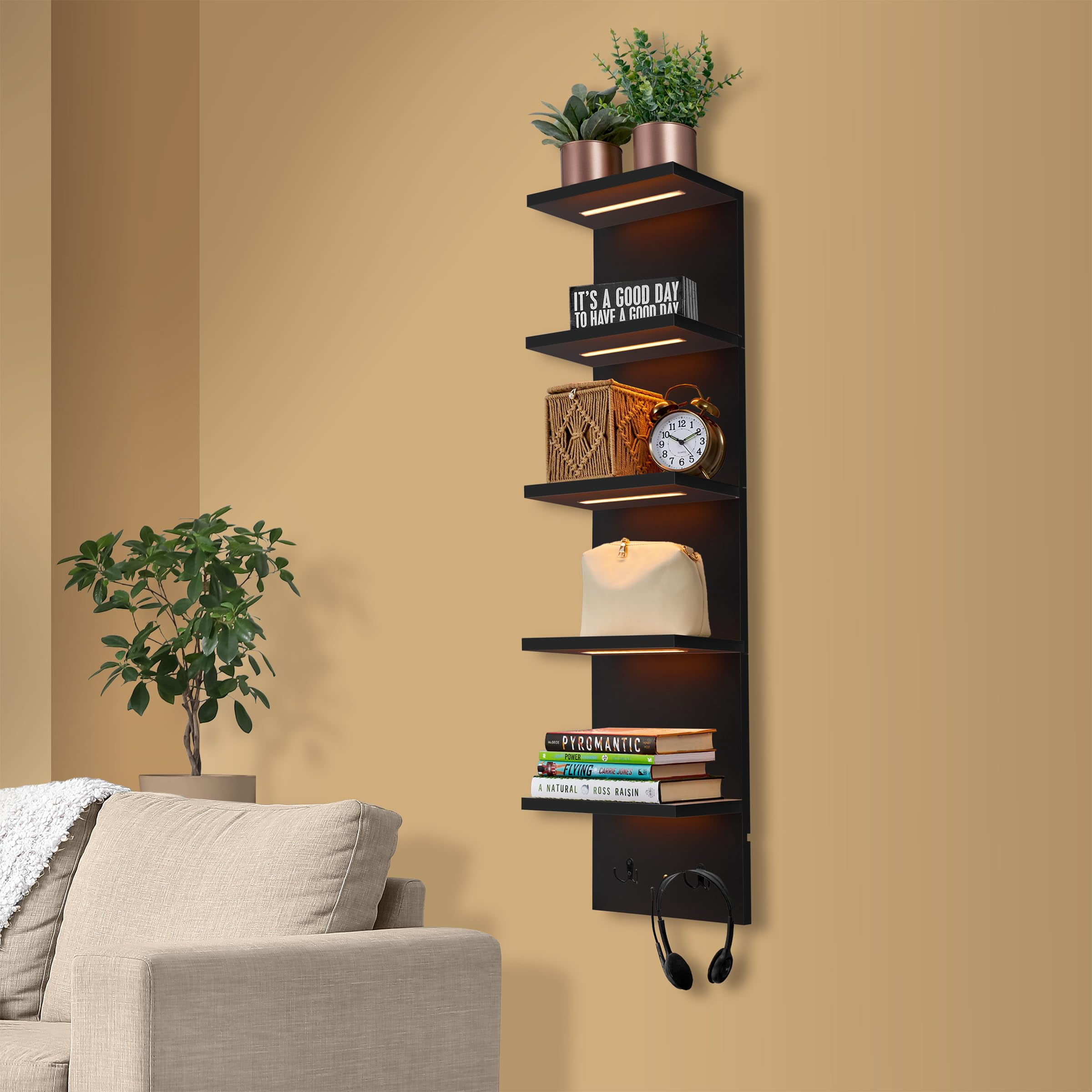 LED Light Display Shelf - Vertical 5 Tier Wall Shelf Unit with 2 Hooks ...