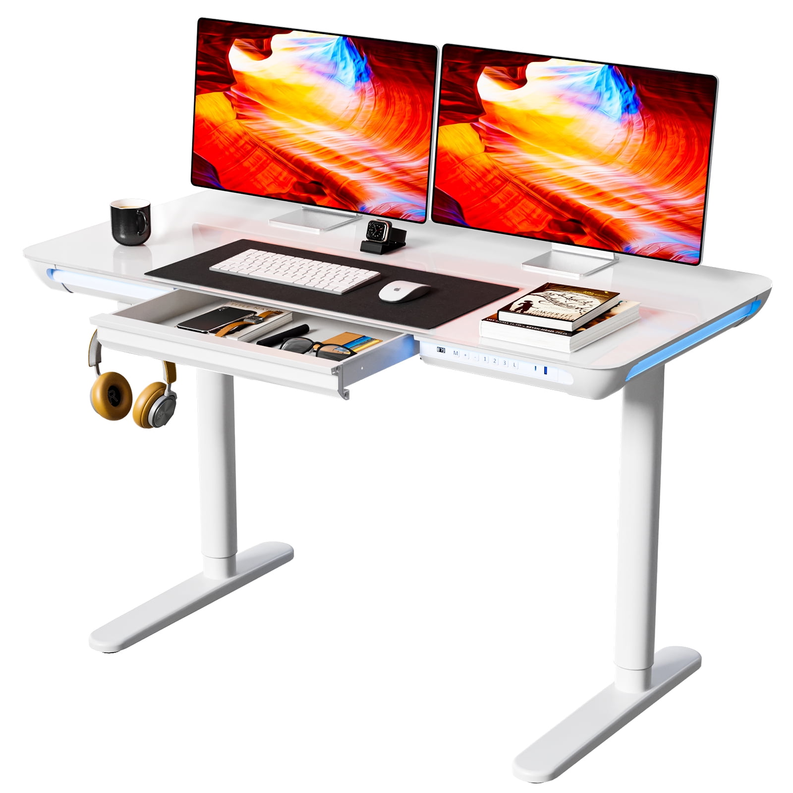 LED Light Electric Standing Desk with Drawers,47x24 Inch Whole-Piece ...