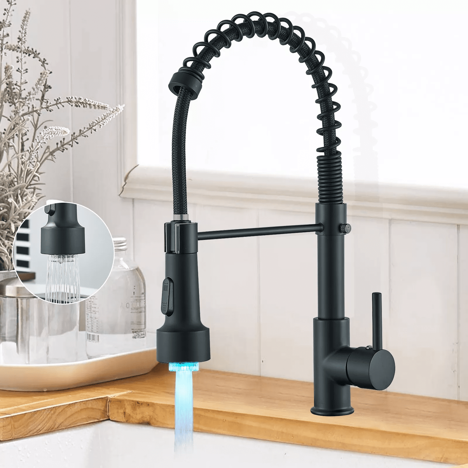 LED Light Kitchen Faucet with Pull Down Sprayer Industrial Single ...