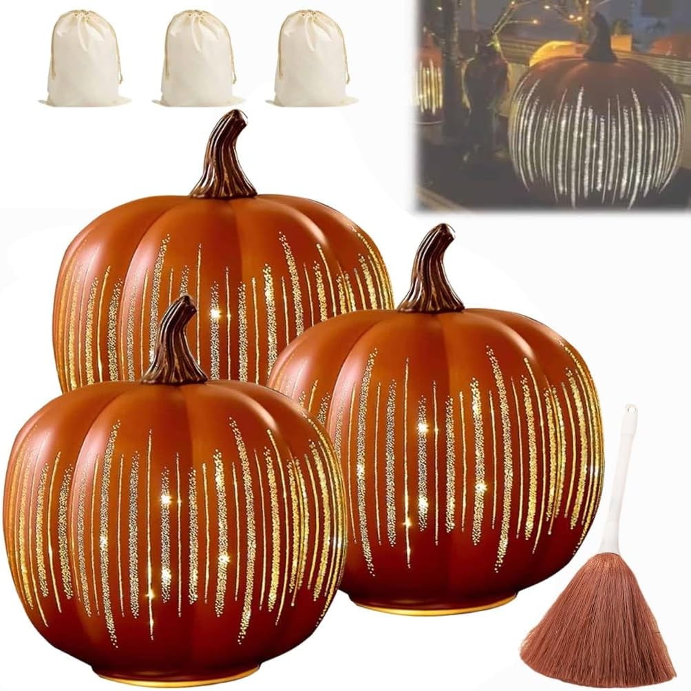 LED Light Pumpkins, Timer Lighted Sparkling Starry Night Glass Pumpkins ...