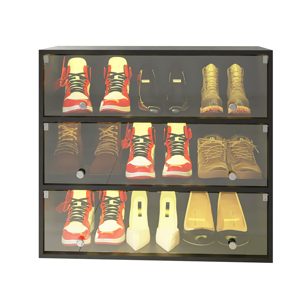 LED Light Shoe Storage Cabinet with Glass Door, Three Layers Wooden ...