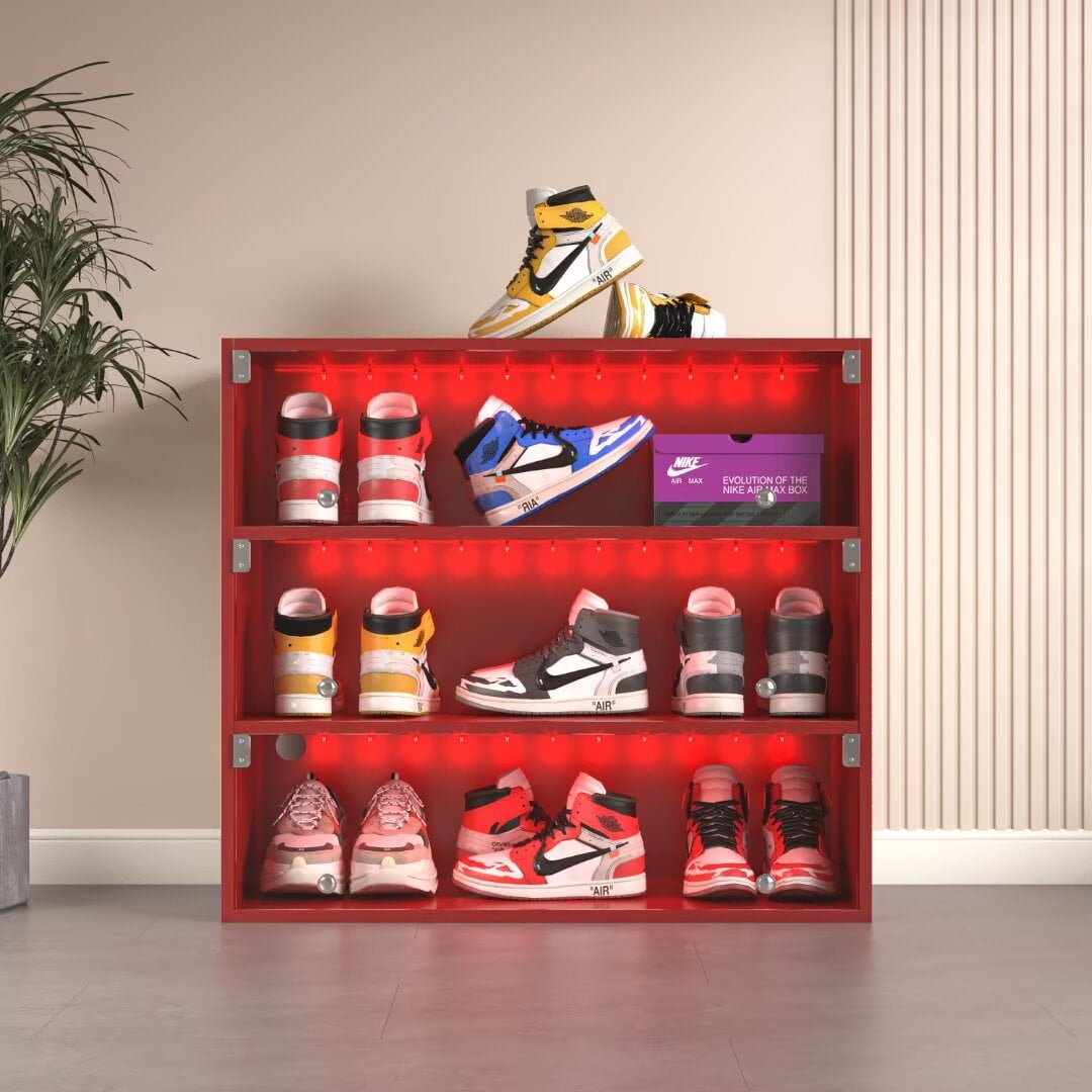 LED Light Shoe Storage Cabinet with Glass Door, Three Layers Wooden ...