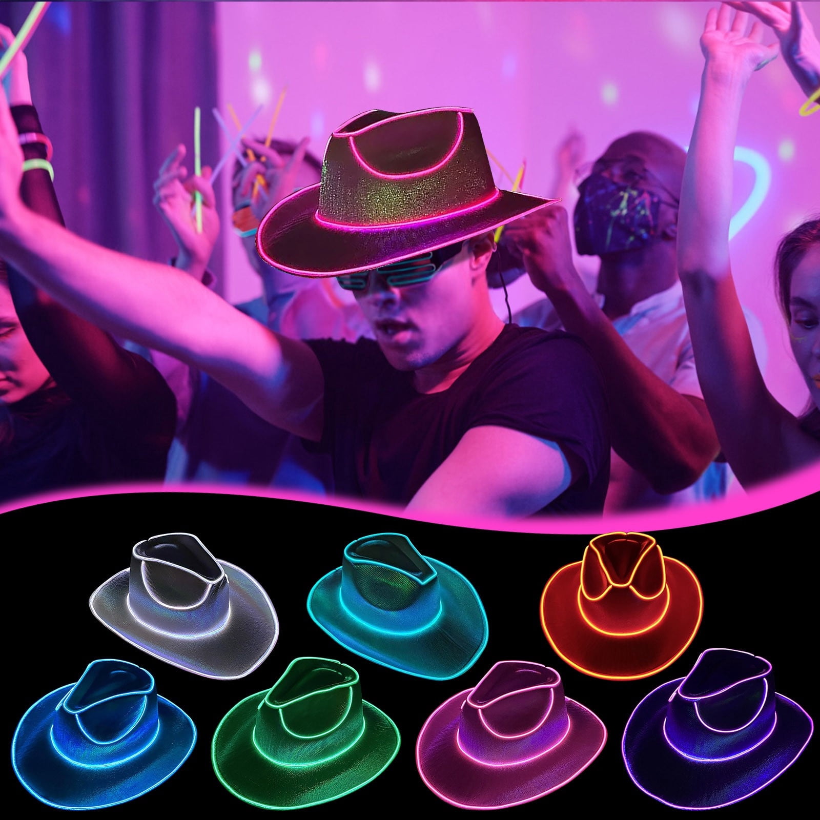 LED Light-Up Party Cowboy Hat - Flashy Western Cowboy Hat with Bright ...