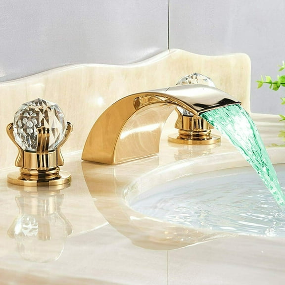 Gold Waterfall 3 Hole 2 Handle Bathroom Sink Faucet LED Basin Vanity ...