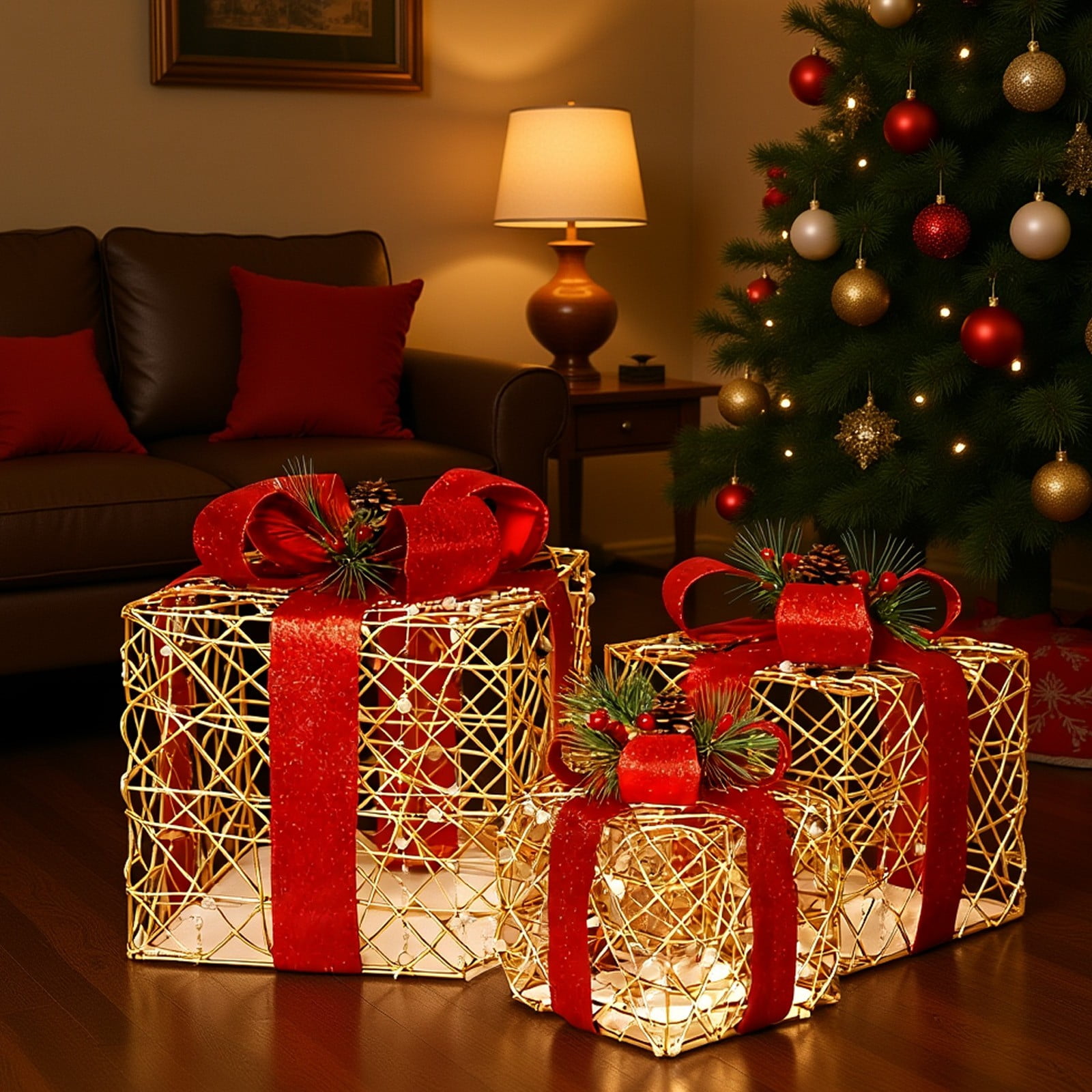 LED Lighted Christmas Gift Box Decor Set of 3, Battery Operated Large ...