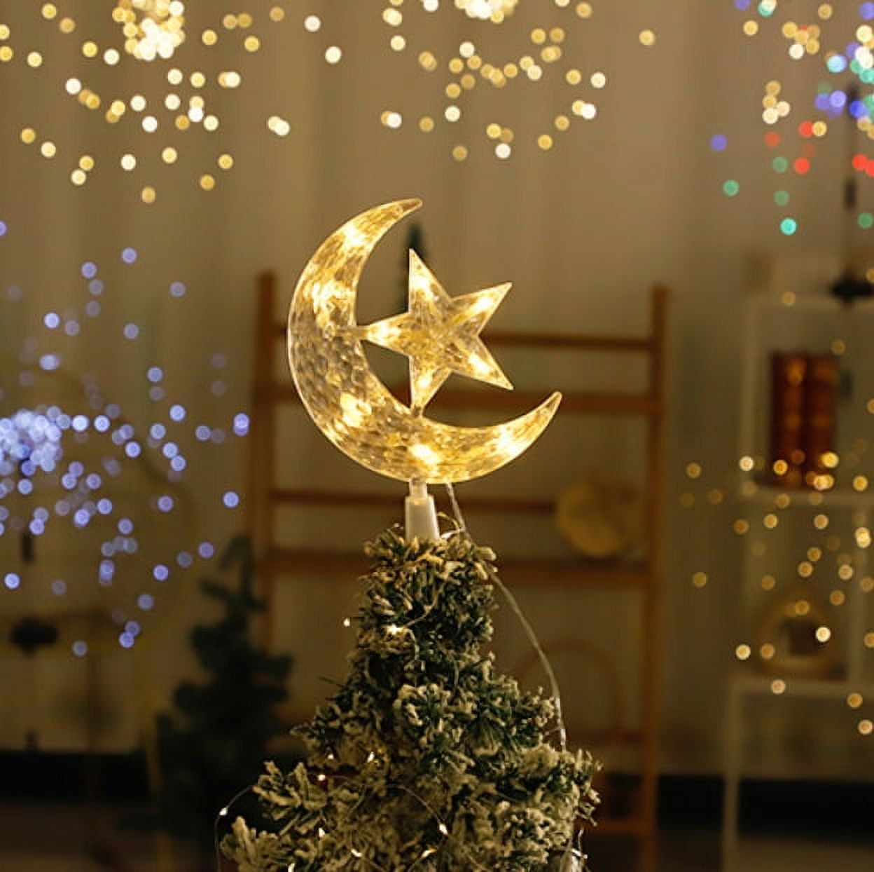 LED Lighted Christmas Tree Moon Star Topper Battery/USB Powered Xmas ...