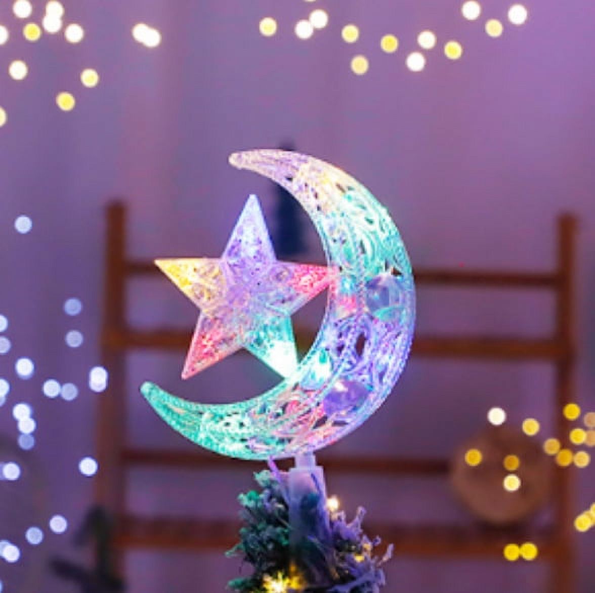 LED Lighted Christmas Tree Moon Star Topper Battery/USB Powered Xmas ...