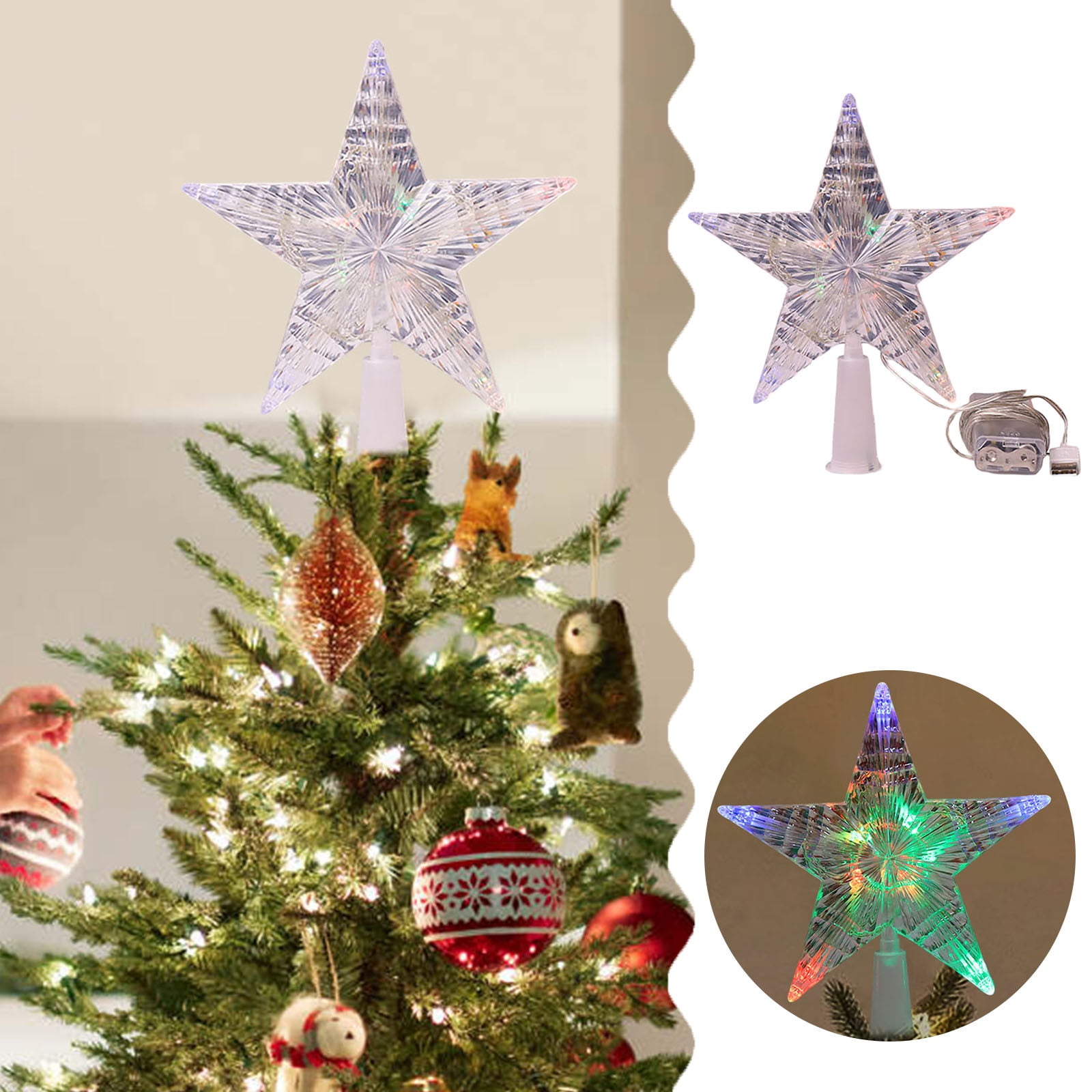 LED Lighted Christmas Tree Topper 6.69 Inch Five Point Star with Warm ...