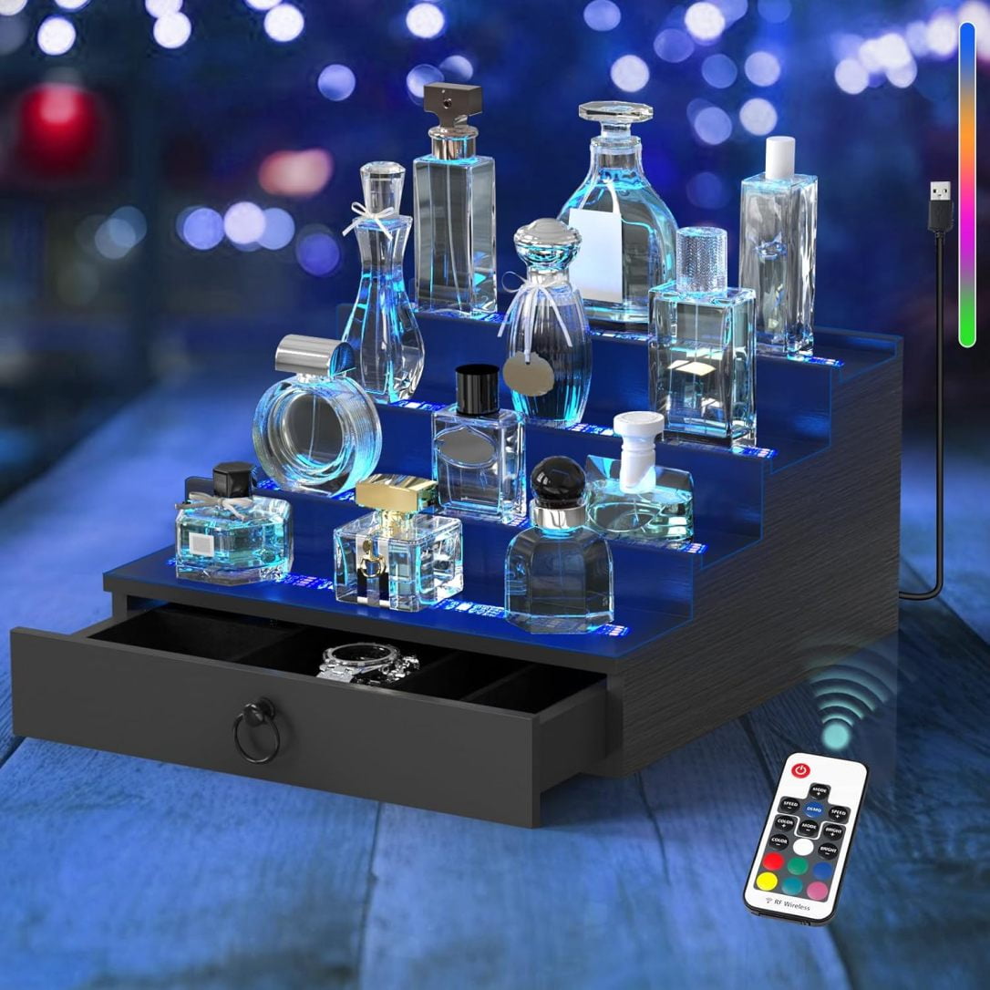 LED Lighted Cologne Organizer for Men, 4 Tier Wood Perfume Organizer with Velvet Lined Drawer ...