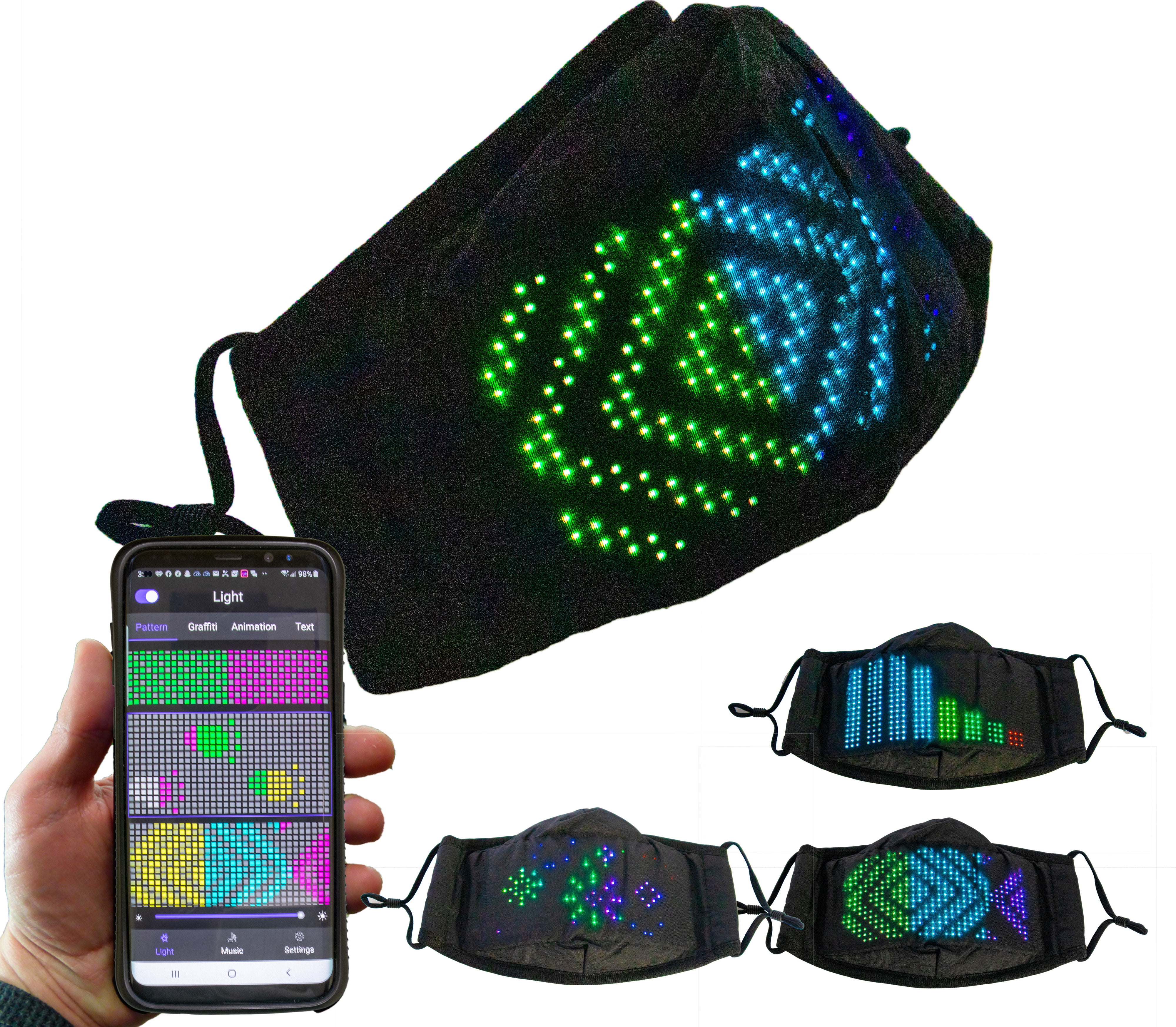 LED Lighted Face Mask - 7 Color Premium LARGE Glowing Matrix Display ...