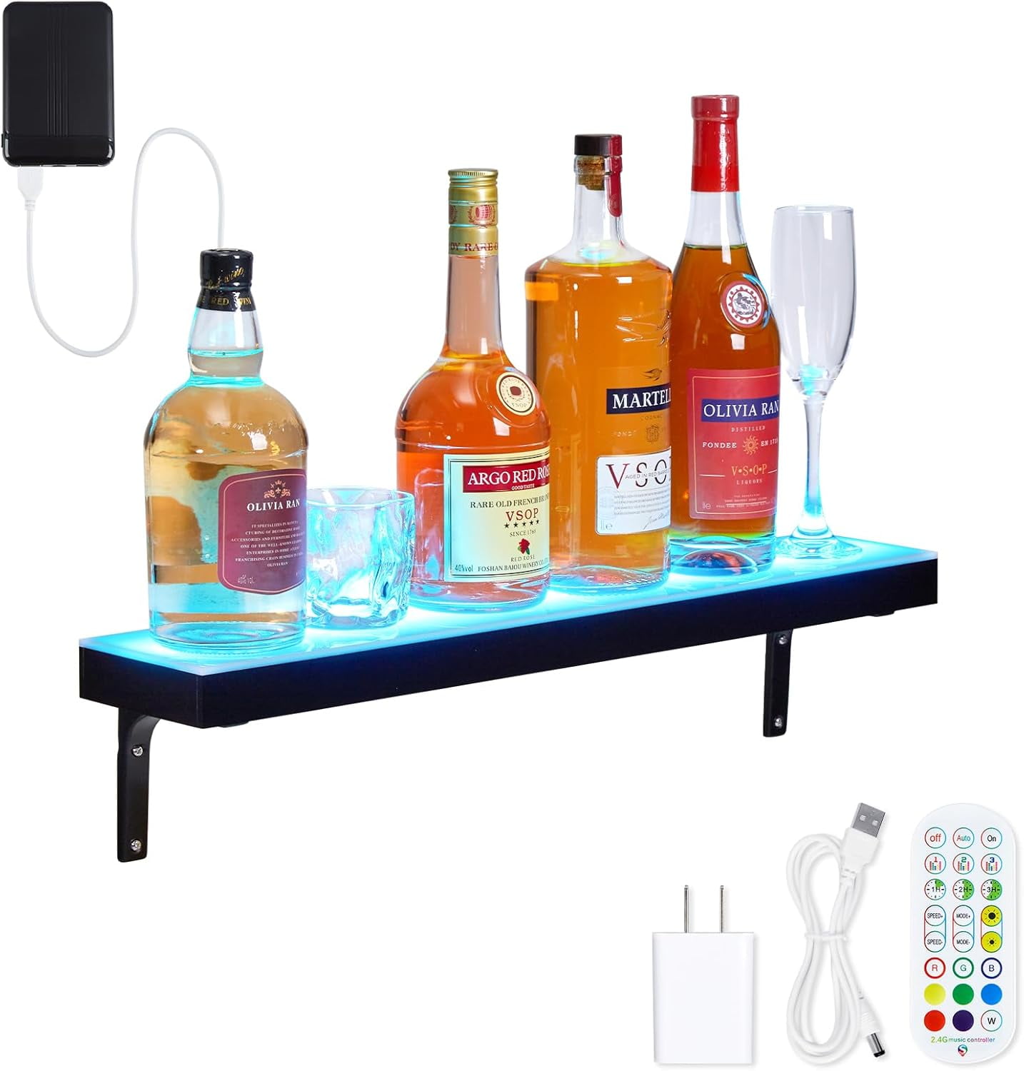 LED Lighted Liquor Bottle Display Shelf 1 Tier 24 Inch Wall Mounted Bar ...