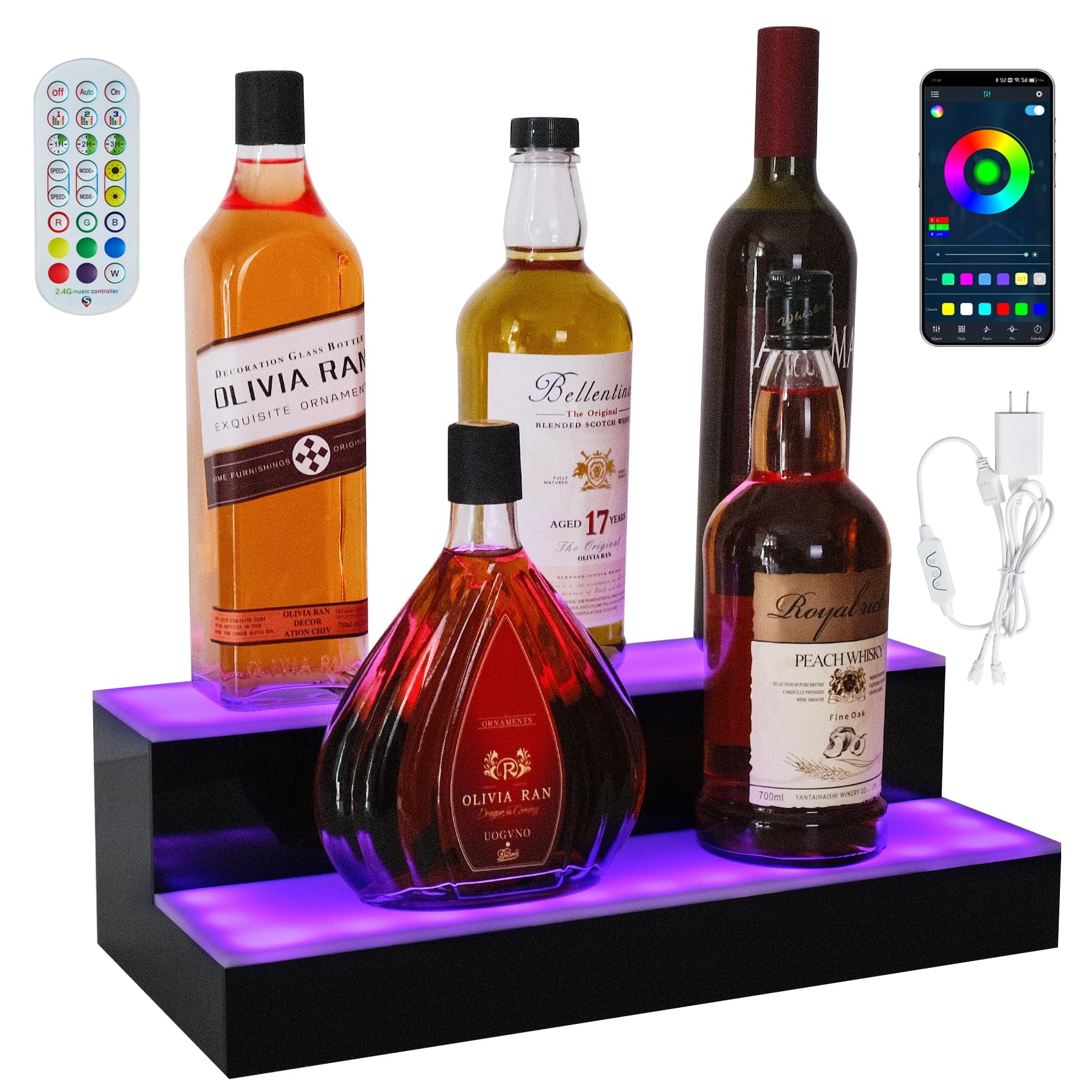LED Lighted Liquor Bottle Display Shelf, 2 Tiers 16 Inch Bar Bottle ...