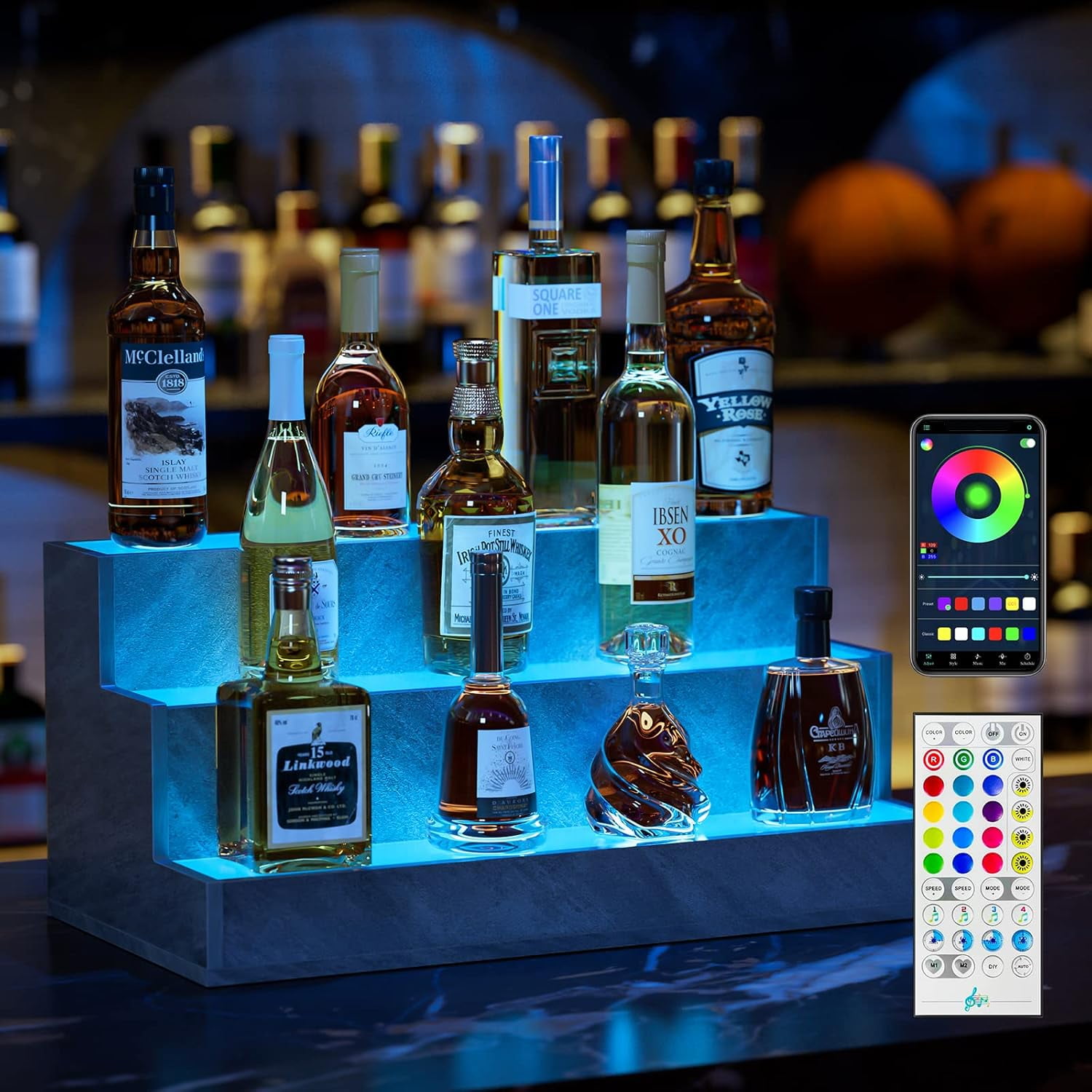 LED Lighted Liquor Bottle Display Shelf, 24 Inch Bar Display Shelf with ...