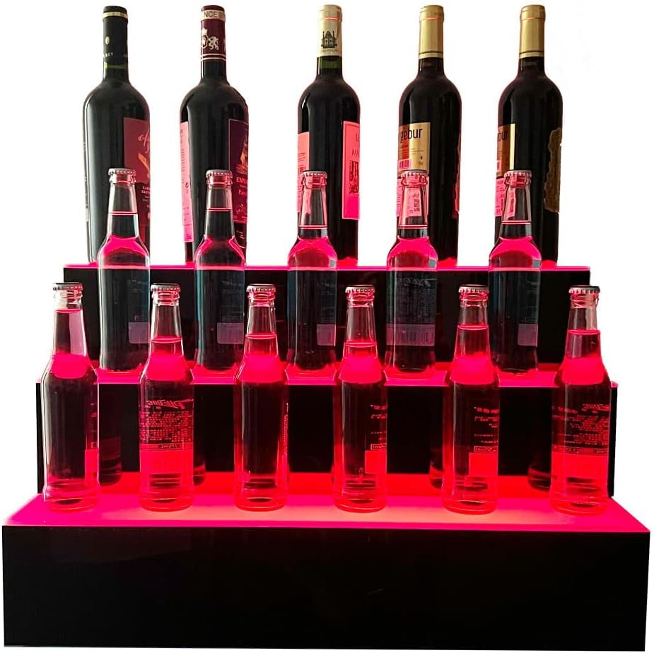 LED Lighted Liquor Bottle Display Shelf, 24-inch 3-Step LED Bar Shelves ...