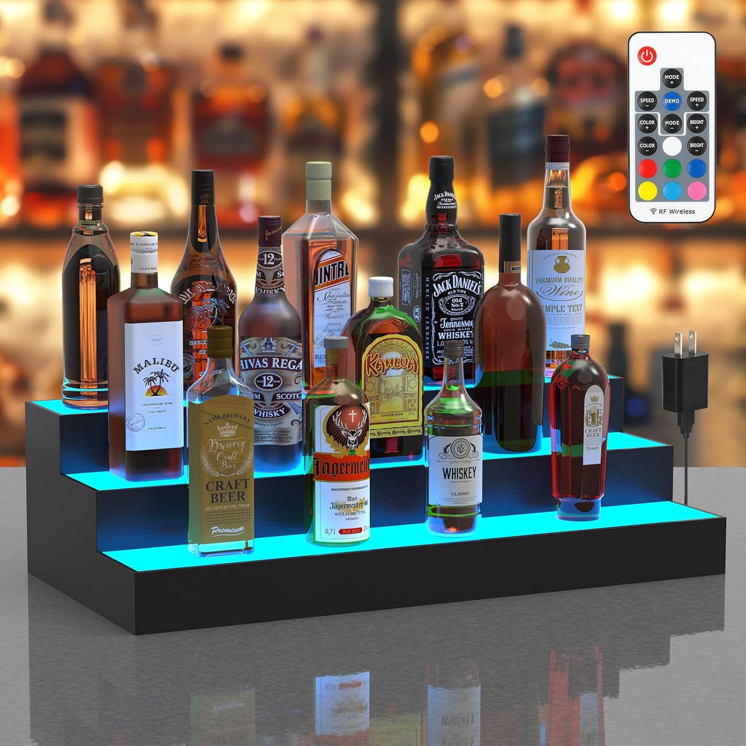 LED Lighted Liquor Bottle Display Shelf 3 Tier 30 Inch Alcohol Whiskey ...
