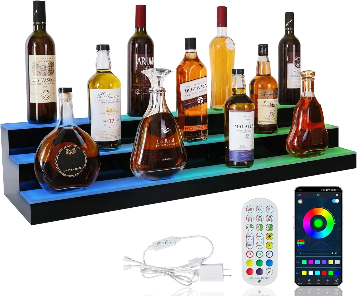 LED Lighted Liquor Bottle Display Shelf, 3 Tiers 24 Inch Bar Bottle ...