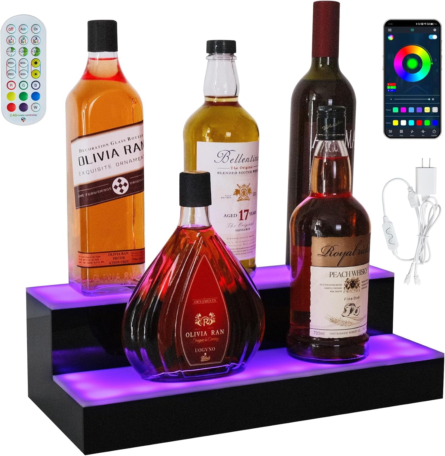 LED Lighted Liquor Bottle Display Shelf, 3 Tiers 24 Inch Bar Bottle ...