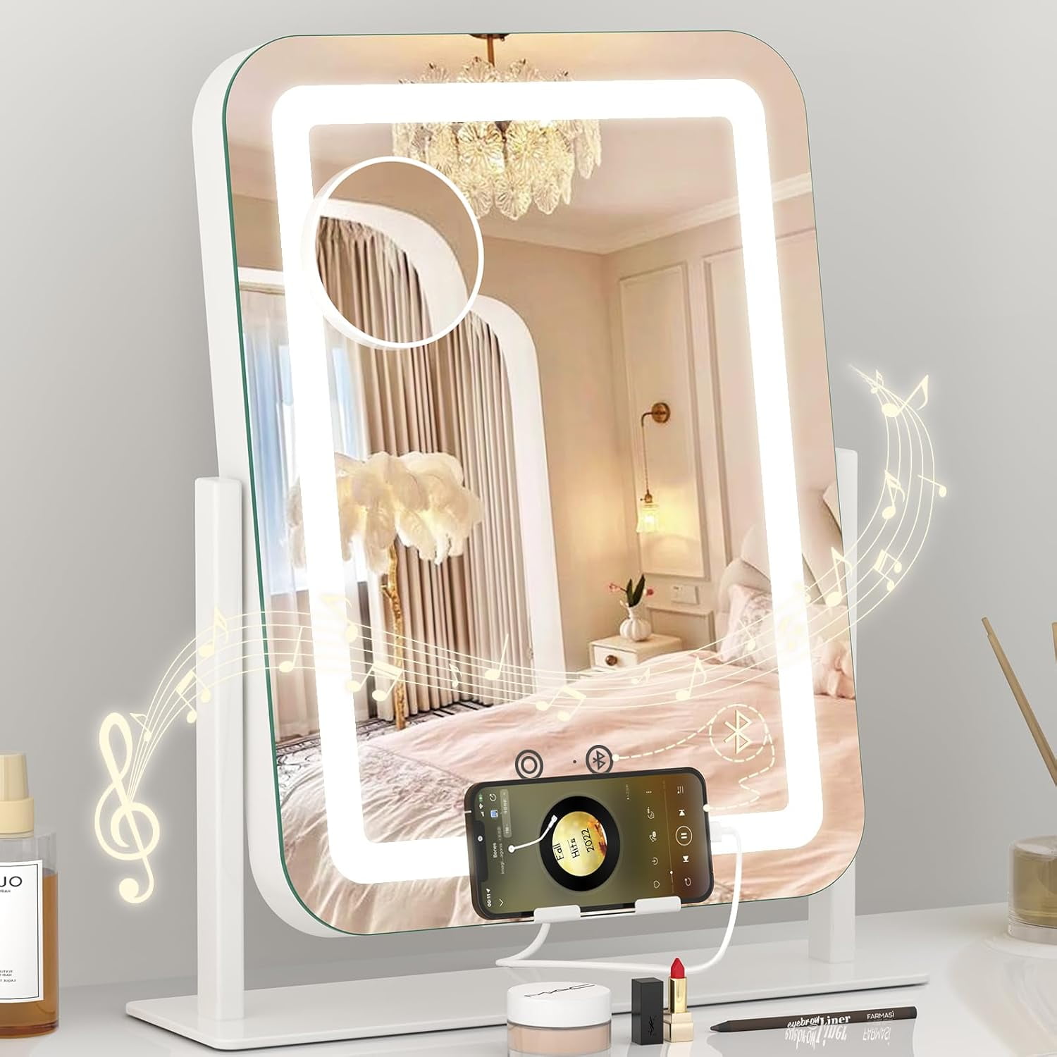 LED Lighted Makeup Mirror with 12V 2A USB Charging Port Bluetooth ...