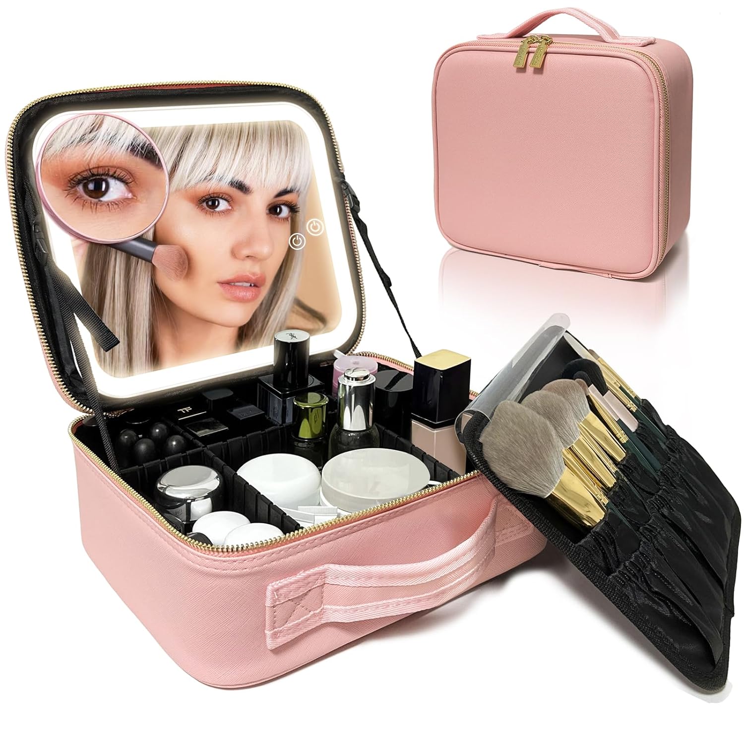 LED Lighted Mirror Travel Makeup Bag with Adjustable Dividers ...