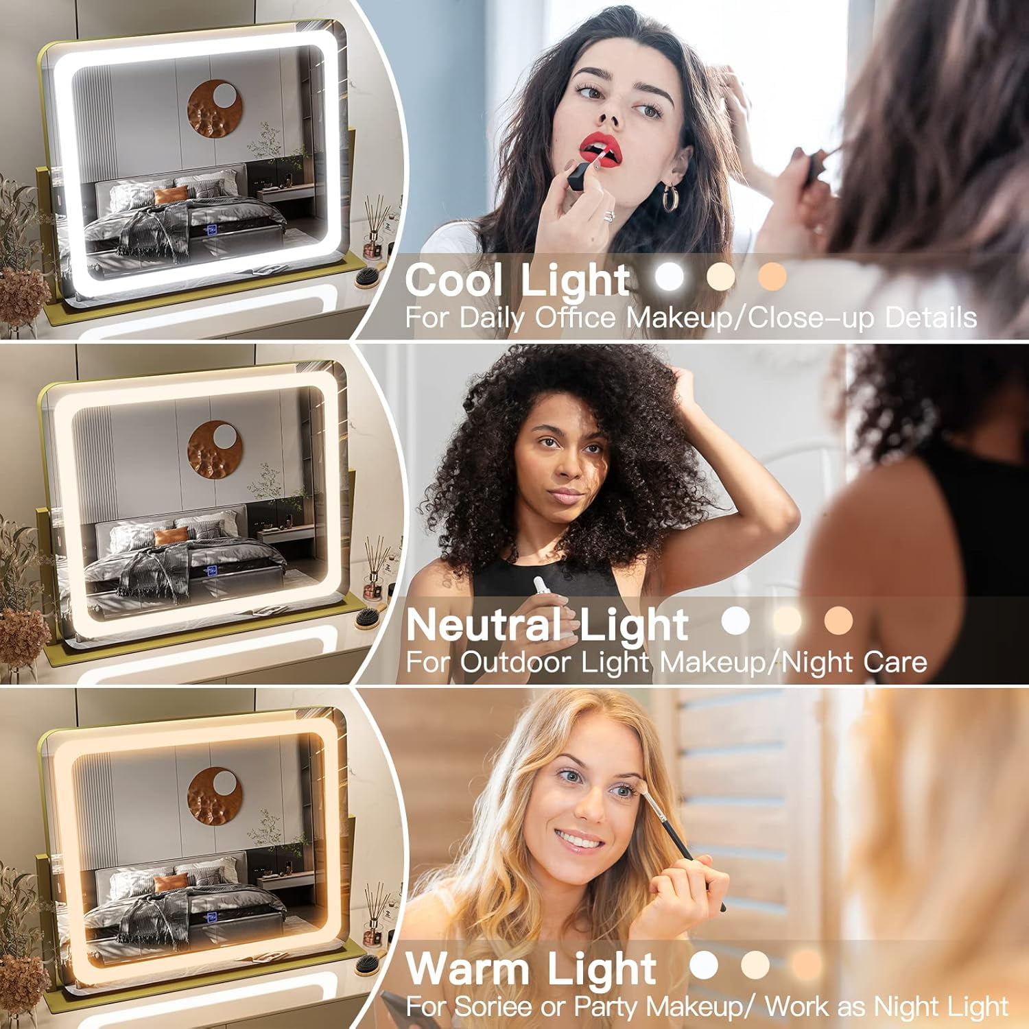 LED Lighted Vanity Mirror with 3-Color Lighting, Touch Screen, Dimmable ...