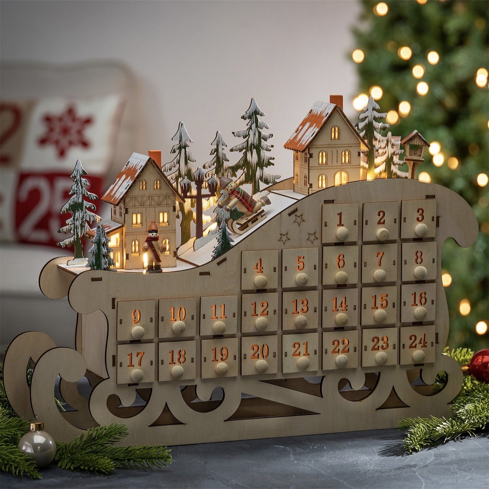 LED Lighted Wooden Sleigh Rustic Reusable Advent Calendar for Kids and ...