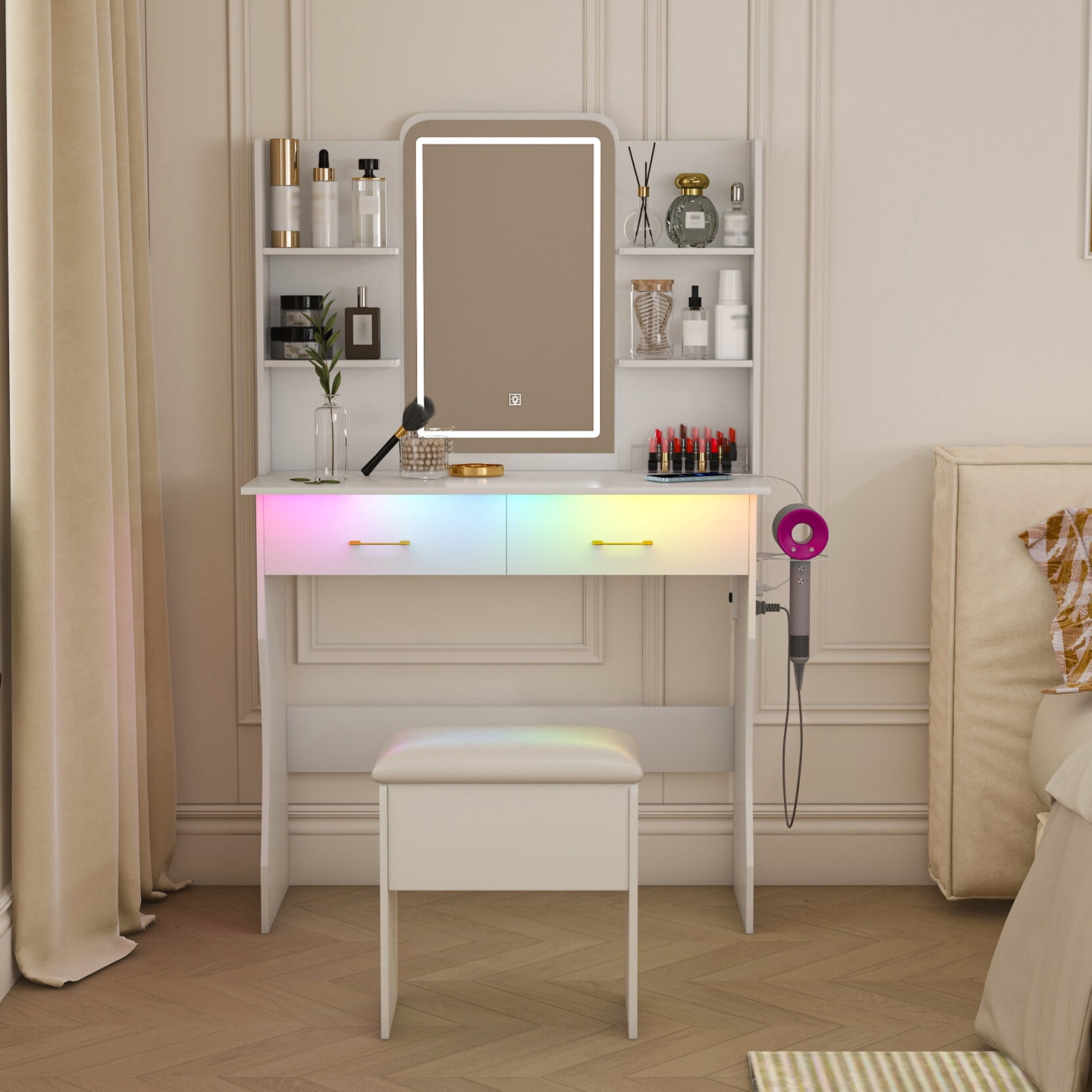 LED Lit Vanity Dressing Table with RGB Adjustable Lighting, Storage ...