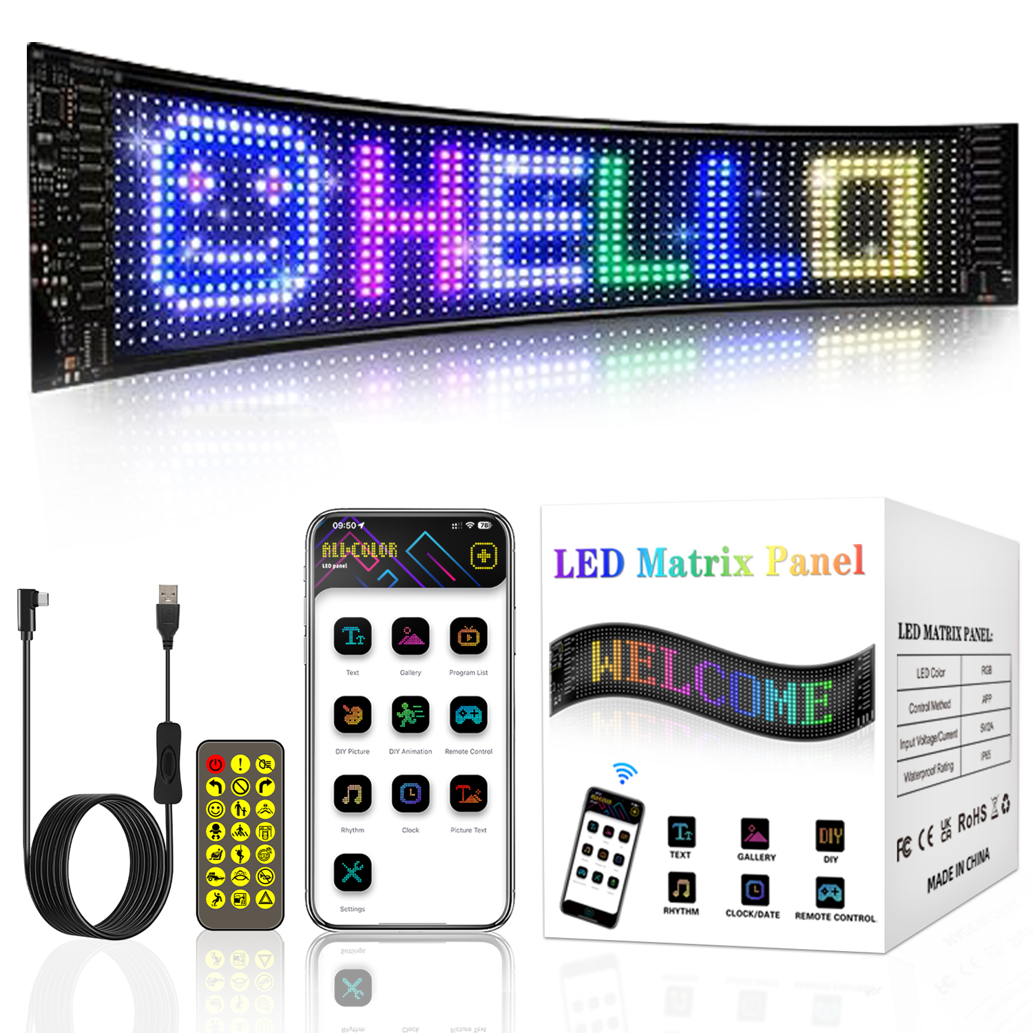 Miootly 23.12"x4.72" Black LED Matrix Panel, Bluetooth Programmable ...