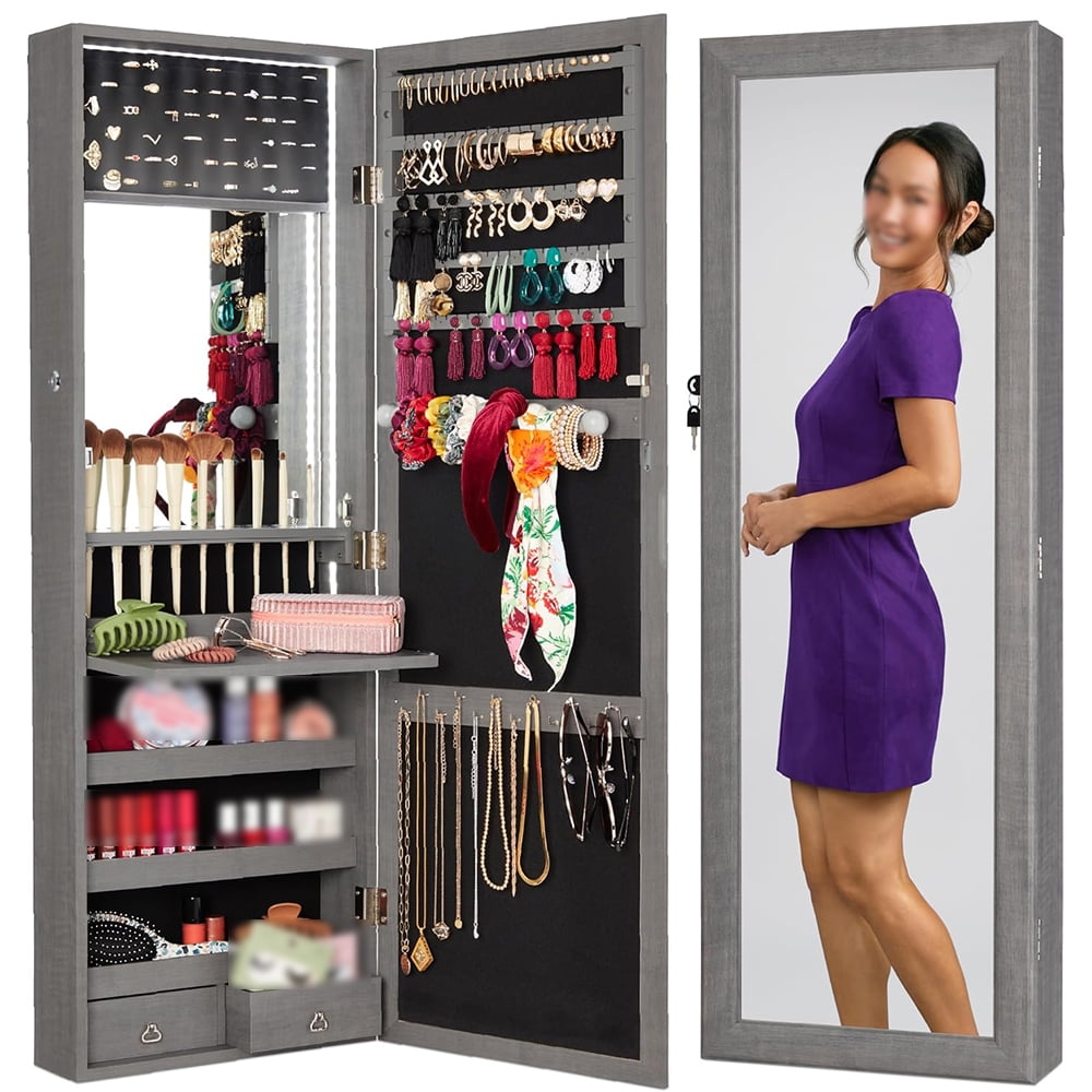LED Mirror Jewelry Cabinet, Lockable Wall or Door Mounted Jewelry ...