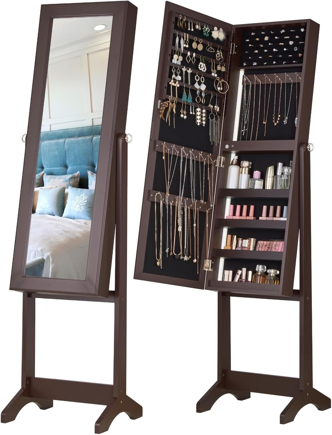 LED Mirror Jewelry Cabinet Standing Jewelry Armoire, Full Length Mirror ...