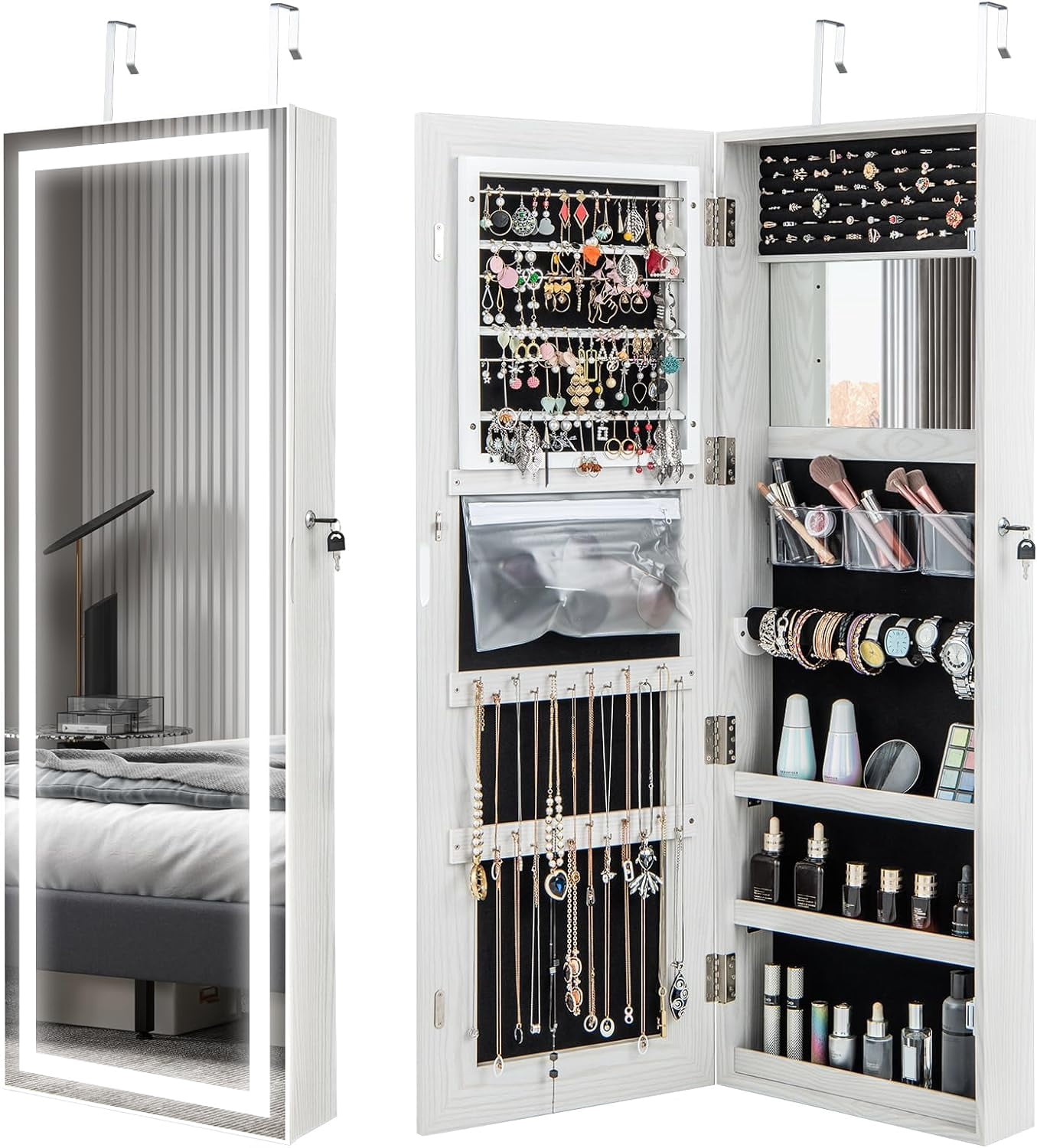 LED Mirror Jewelry Cabinet, Wall/Door Mounted Jewelry Armoire with Full ...