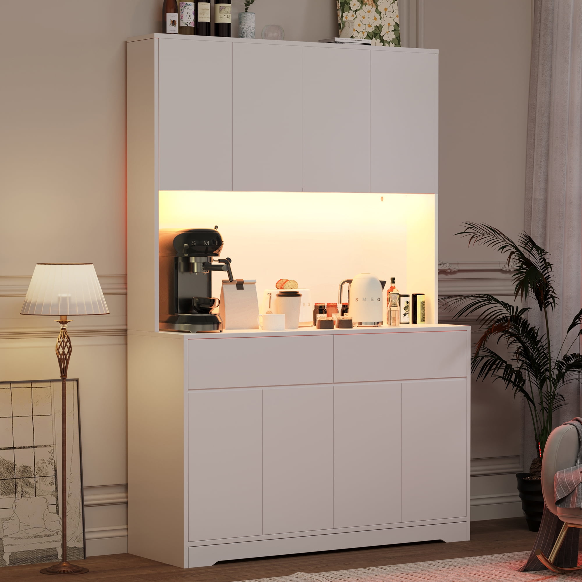 LED Modern Coffee Bar Cabinet with Charging Station, 71'' Tall Kitchen ...