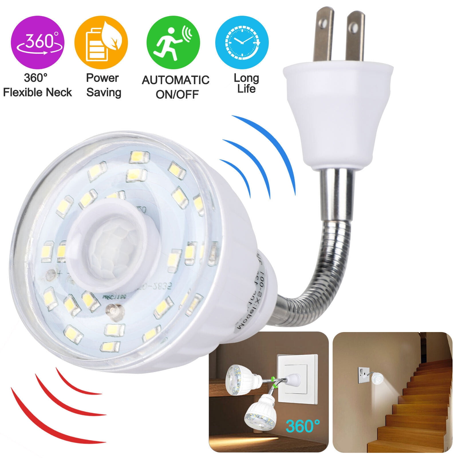 LED Motion-Activated Sensor Night Light AC Outlet Plug-In Wall Stair ...