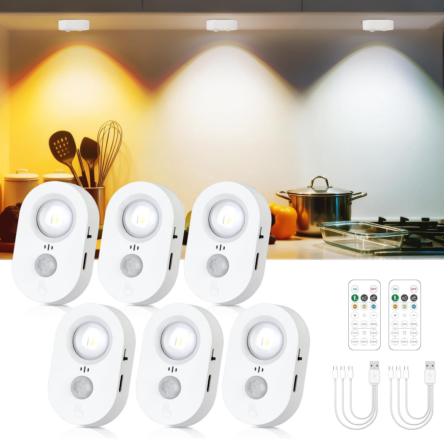LED Motion Sensor Puck Lights Indoor, Small Rechargeable Under Cabinet ...