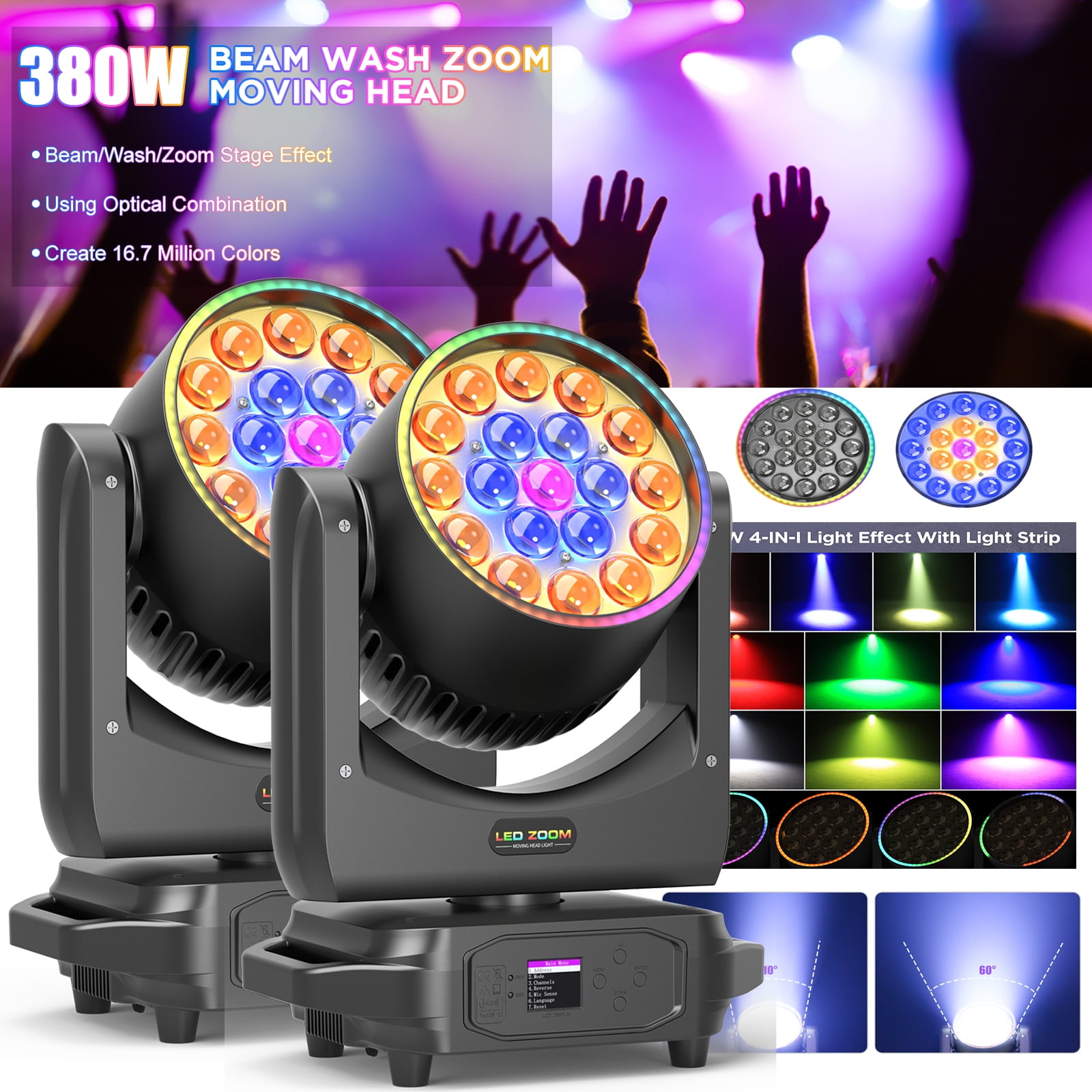 LED Moving Head Light 19x8W Beam/Wash/Zoom Effect Stage Lights, 2pcs ...