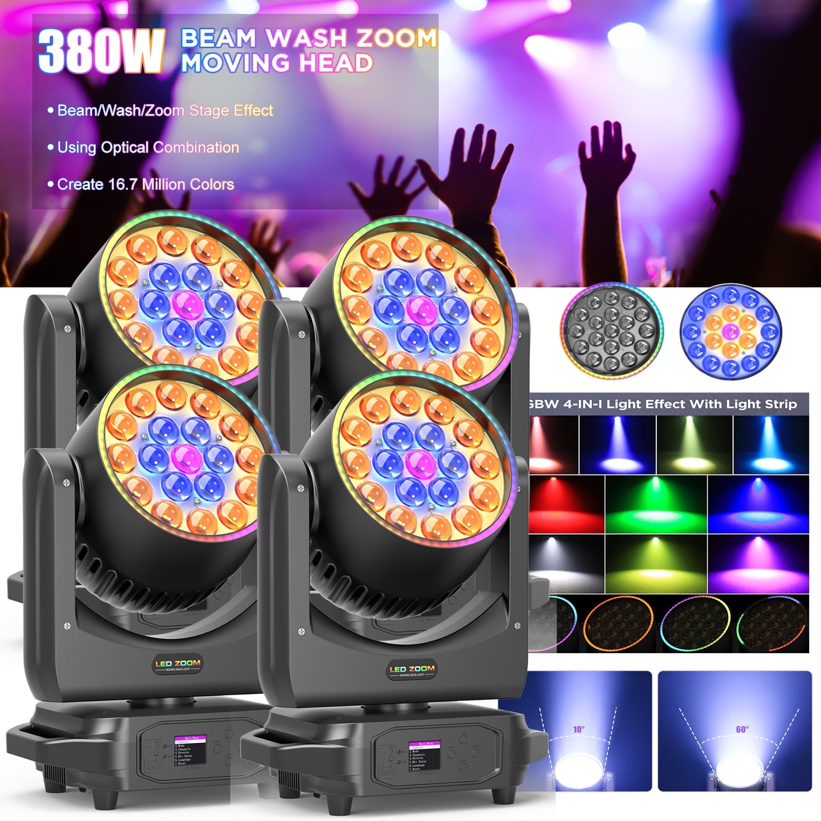 LED Moving Head Light 19x8W Beam/Wash/Zoom Effect Stage Lights, 4pcs ...