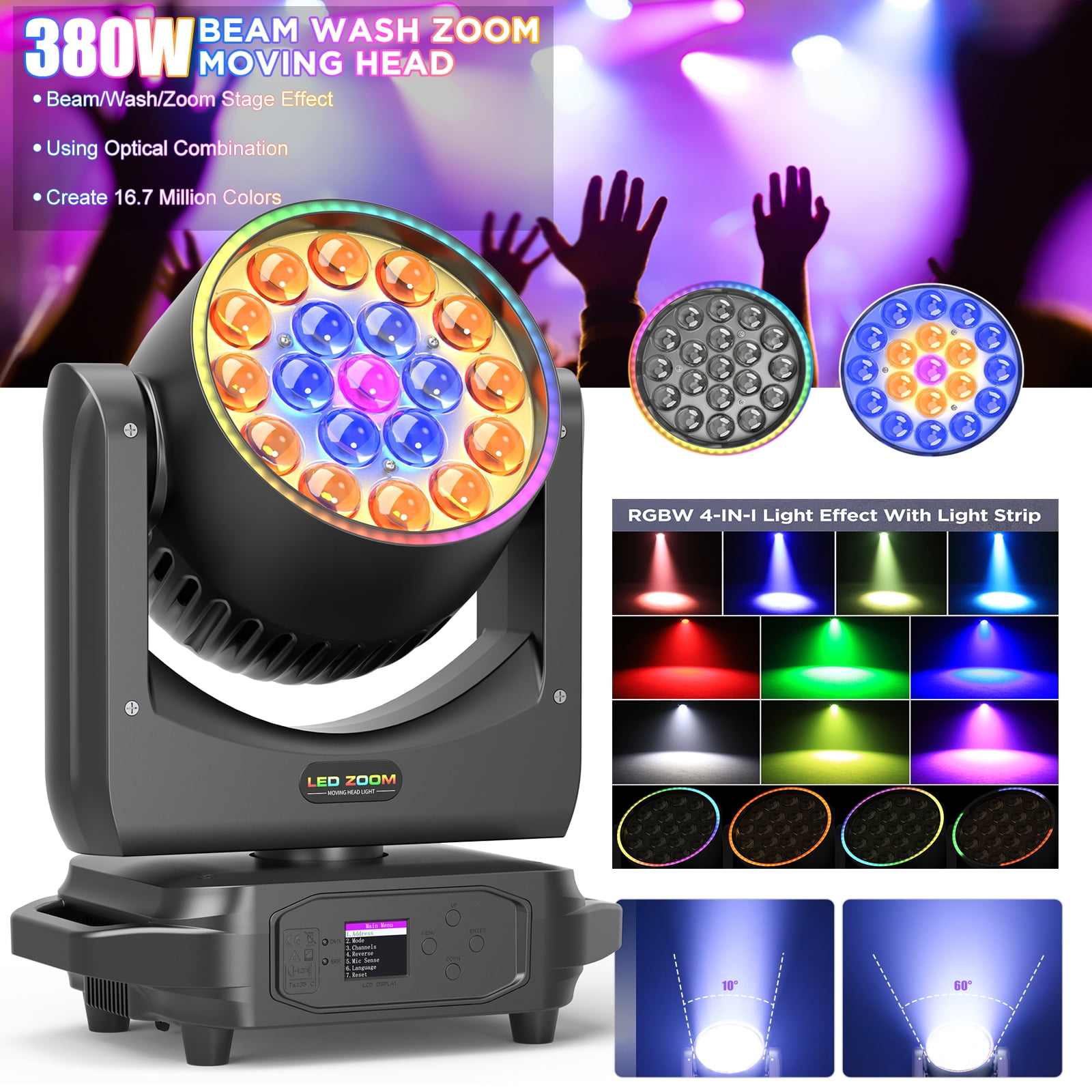 LED Moving Head Light 19x8W Beam/Wash/Zoom Effect Stage Lights, RGBW ...