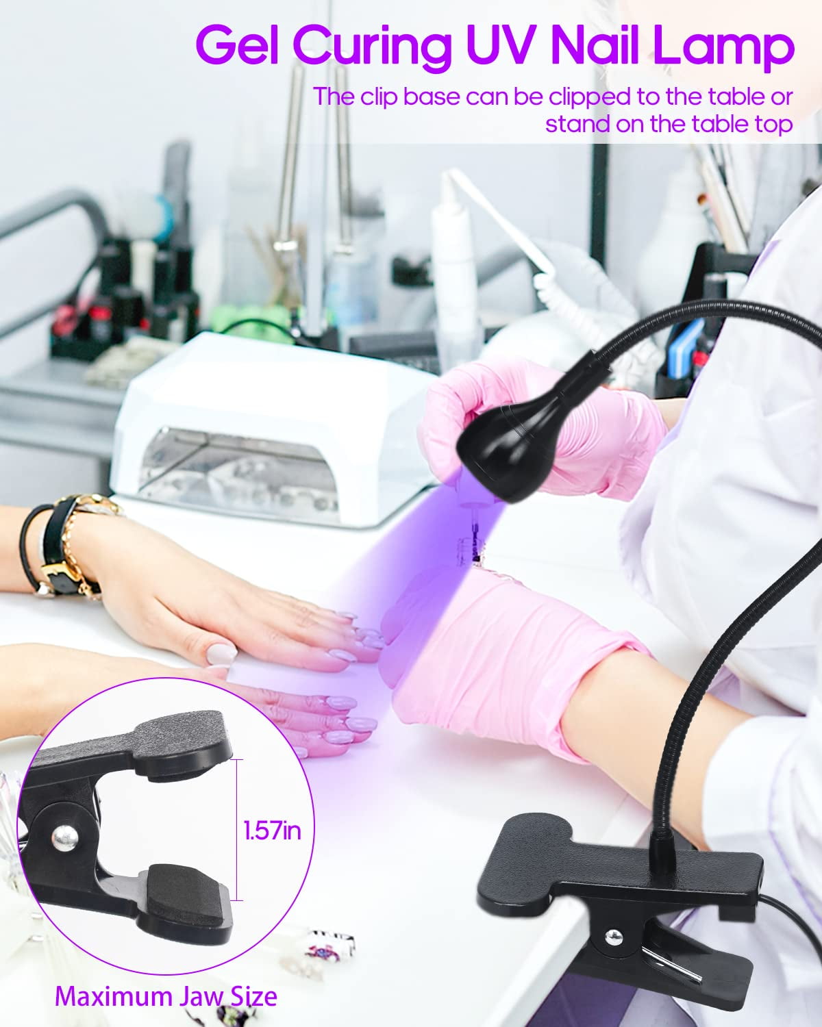 LED Nail Lamp,3W Nail Dryer with Gooseneck and Clamp Adjustable, Protection Gloves Portable UV ...