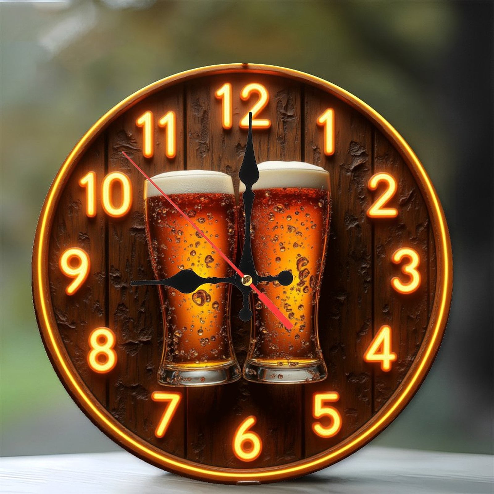 LED Neon Clock with Beer Glasses And Bubbles 12-Inch Silent Wooden Wall ...