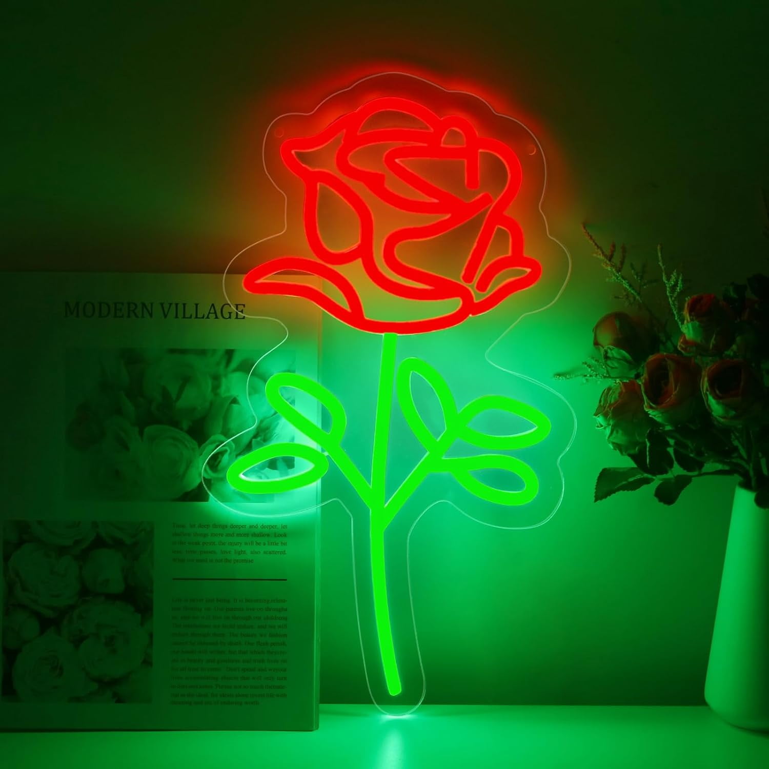 LED Neon Lighted Sign with Red Rose Flowers, Acrylic Back Panel Logo ...