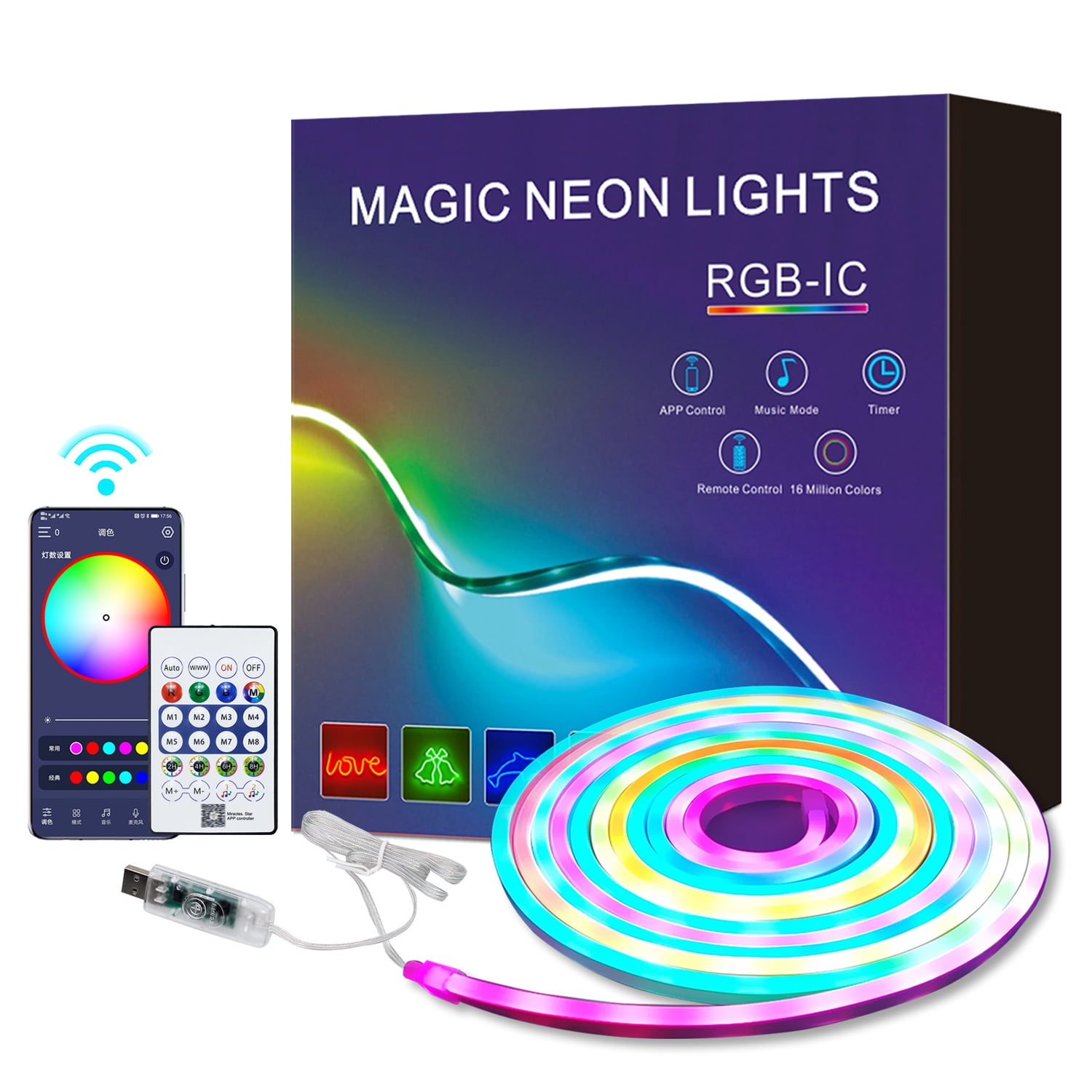 LED Neon Rope Lights, 16.4FT RGB Led Strip Lights App Control, DIY ...