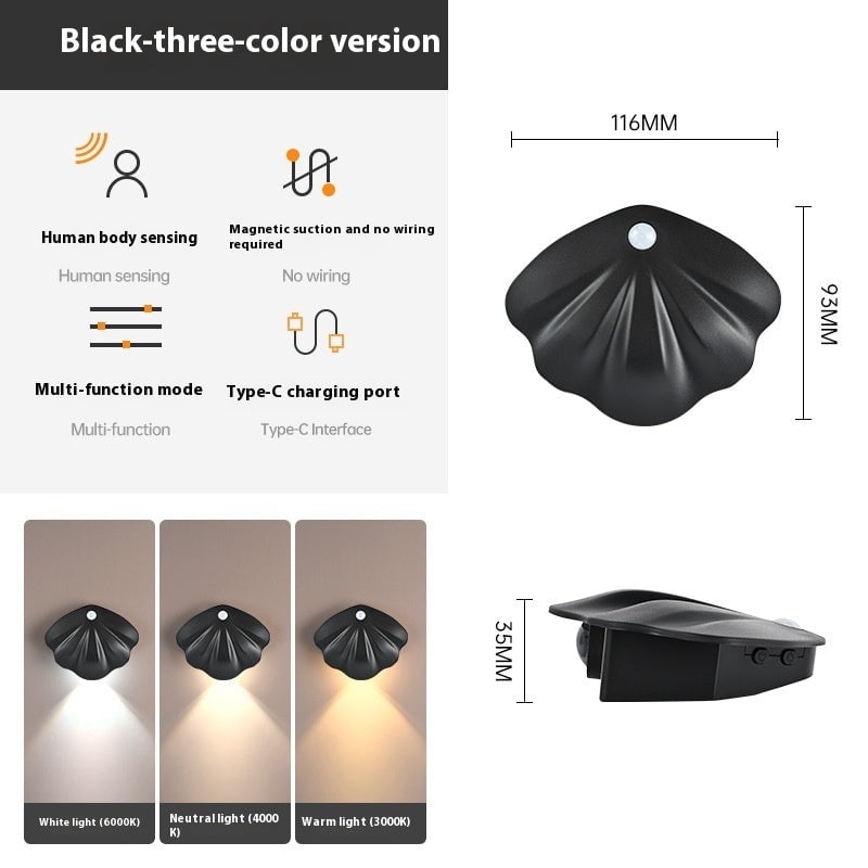 LED Night Light with Infrared Sensor Charging Lamp Shell Shape Tricolor ...